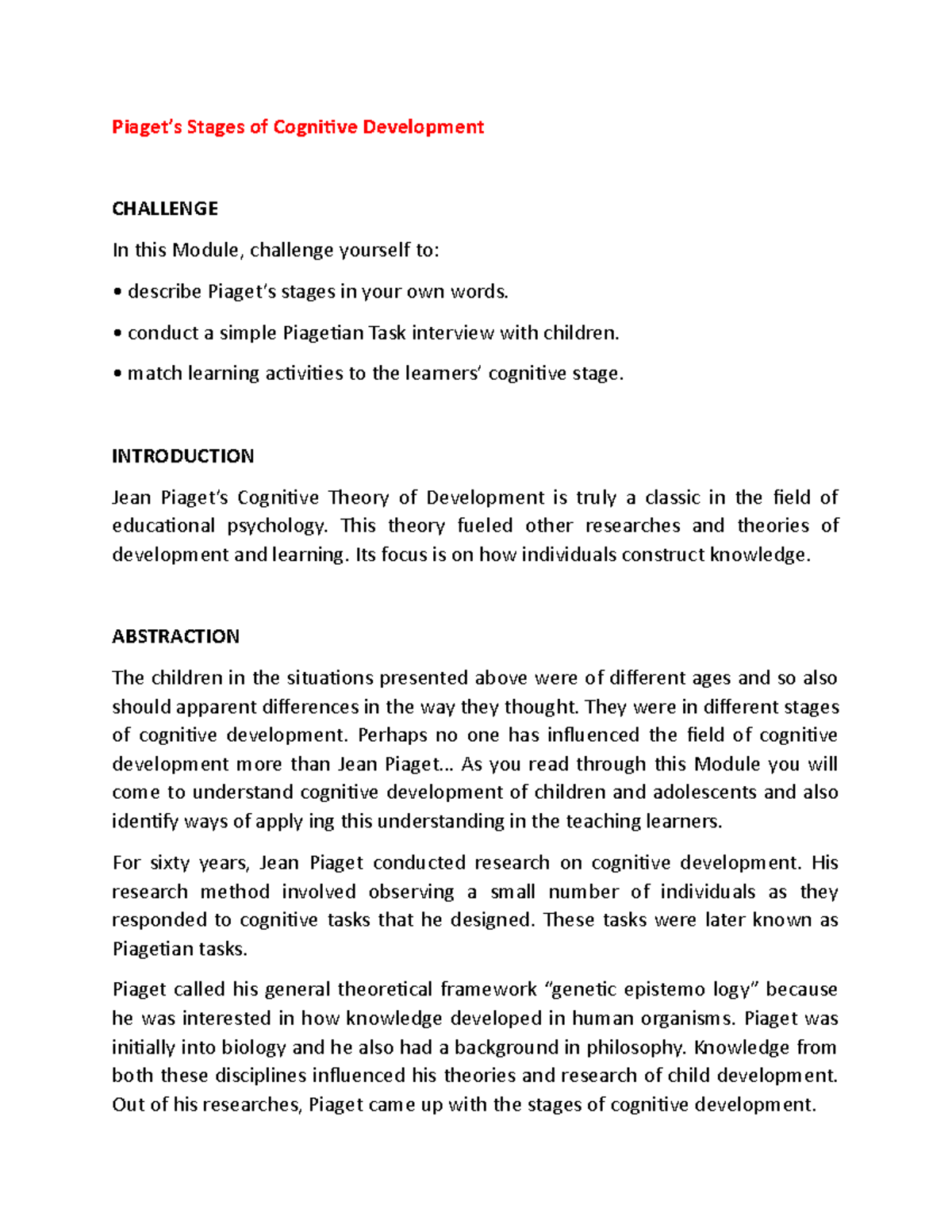 Piaget’s Stages of Cognitive Development - Piaget’s Stages of Cognitive ...