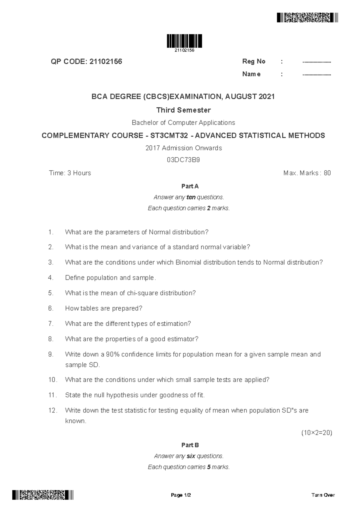 Advanced statistical methods - QP CODE: 21102156 Reg No : ..................... Name : - Studocu