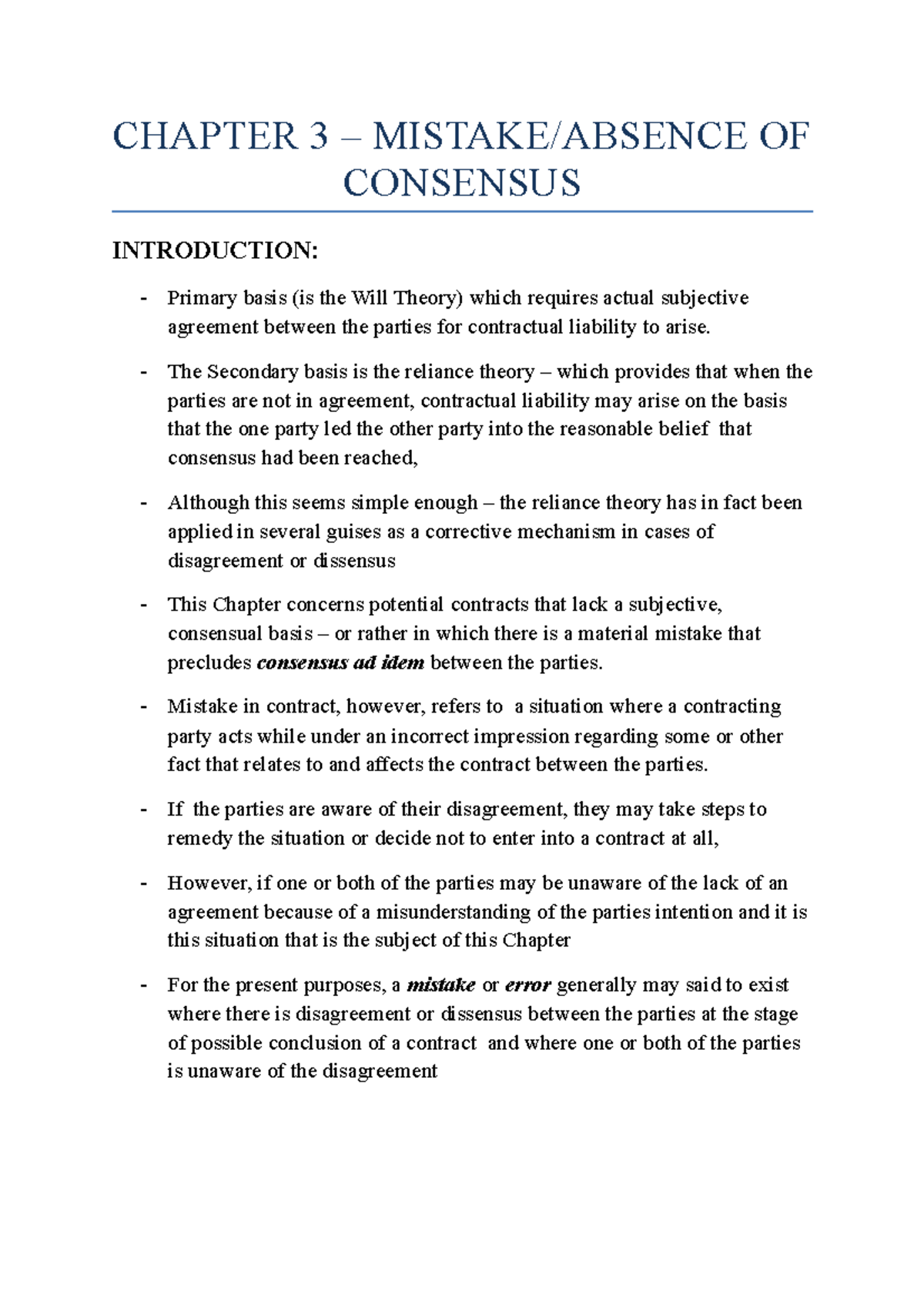 Chapter 3- Mistake - none - CHAPTER 3 – MISTAKE/ABSENCE OF CONSENSUS INTRODUCTION: - Primary ...