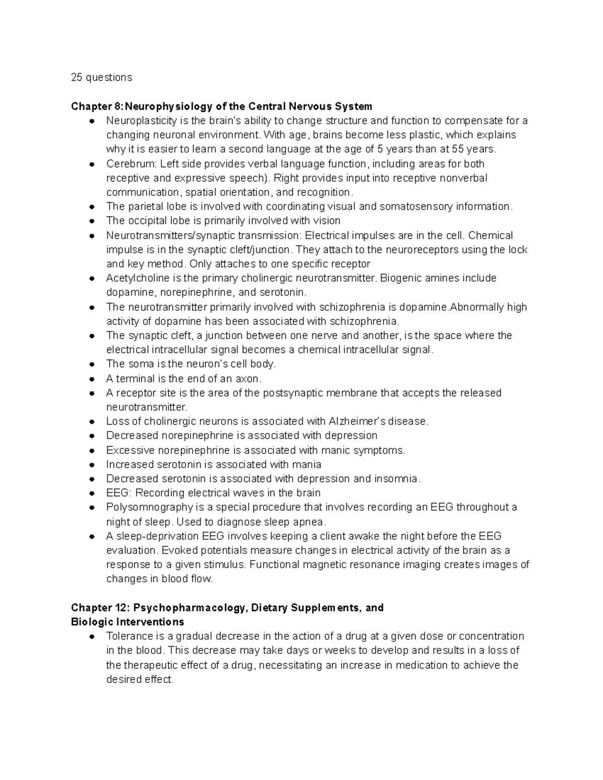 Mental Health EXAM 2 - Exam #2 - 25 questions Chapter 8:Neurophysiology ...