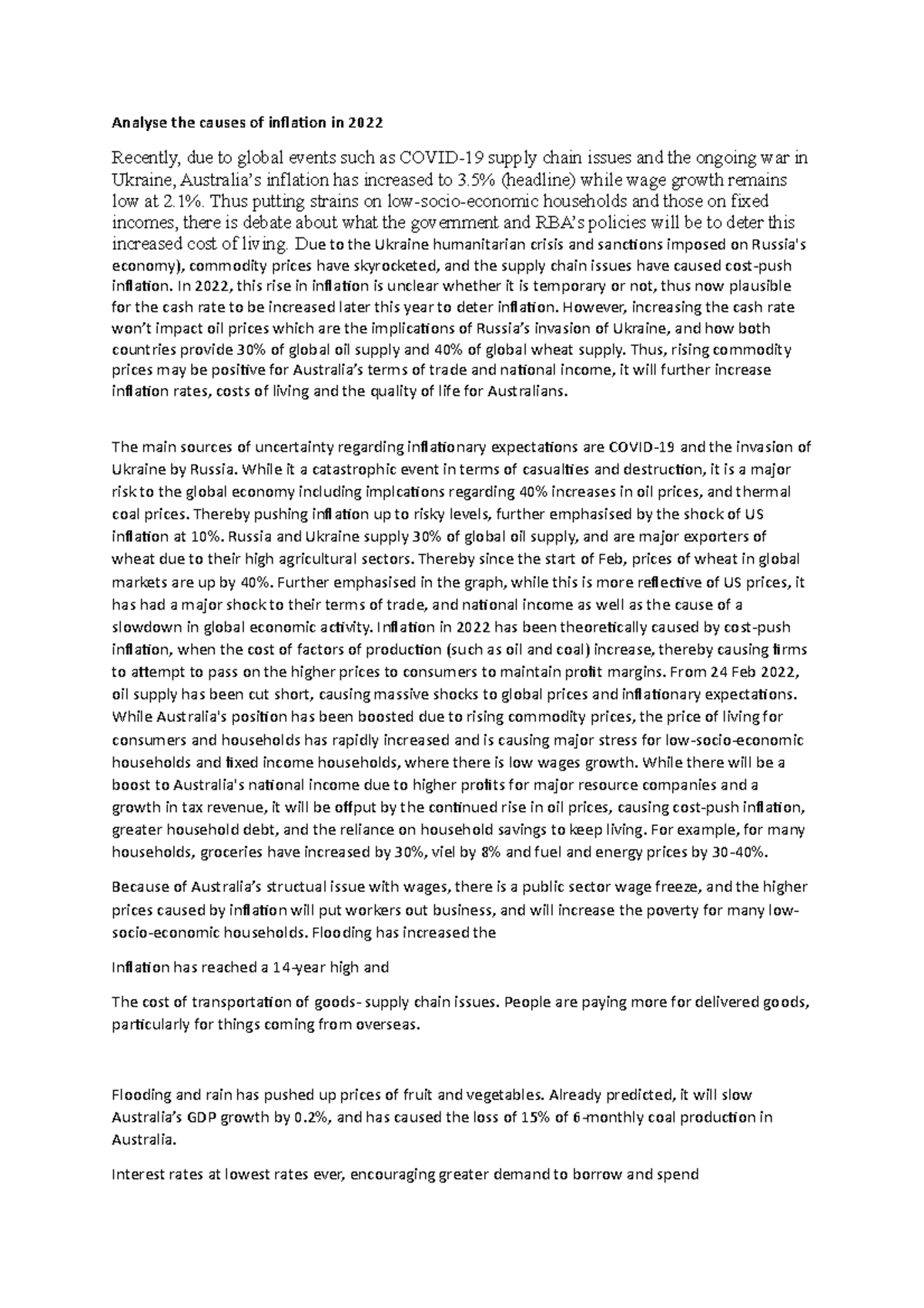 Analyse the causes of inflation in 2022 - Thus putting strains on low ...