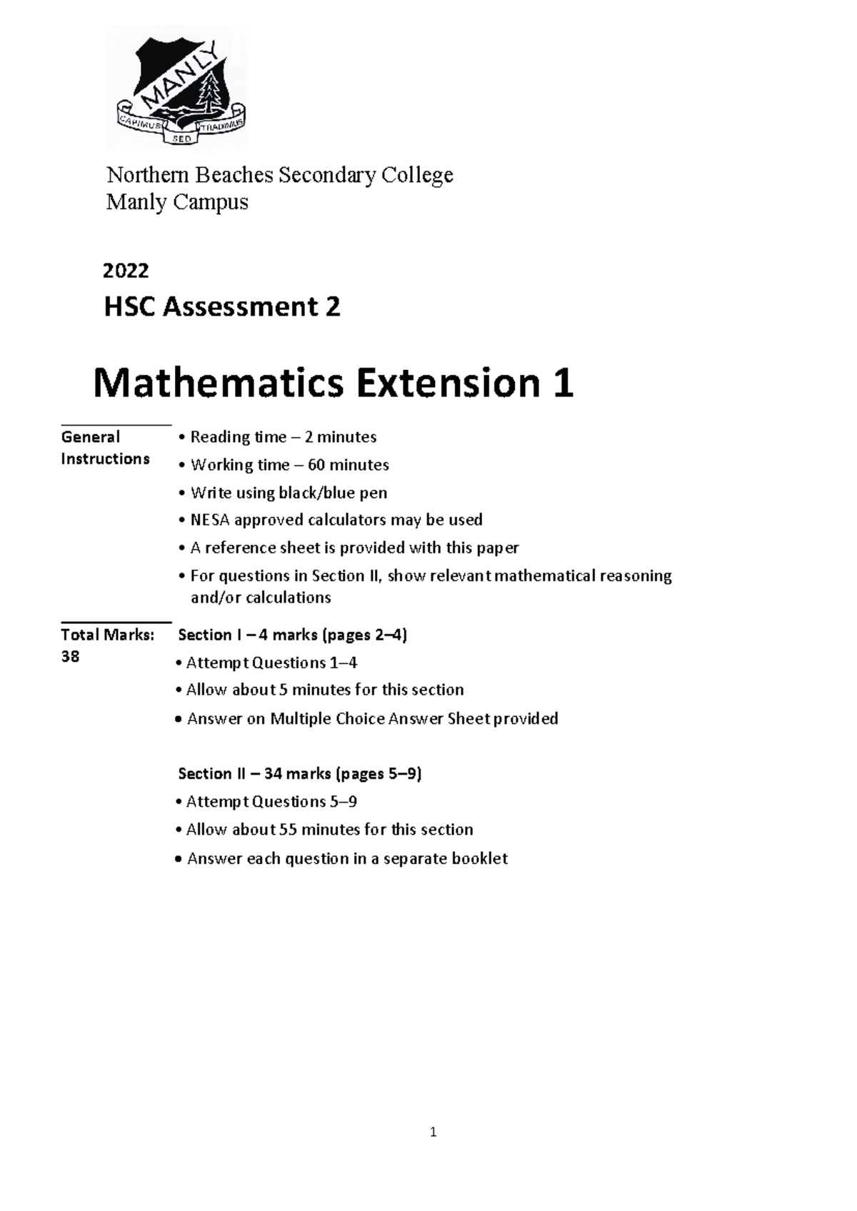 2022 Year 12 Mathematics Extension 1 Half Yearly + solutions - 1 ...