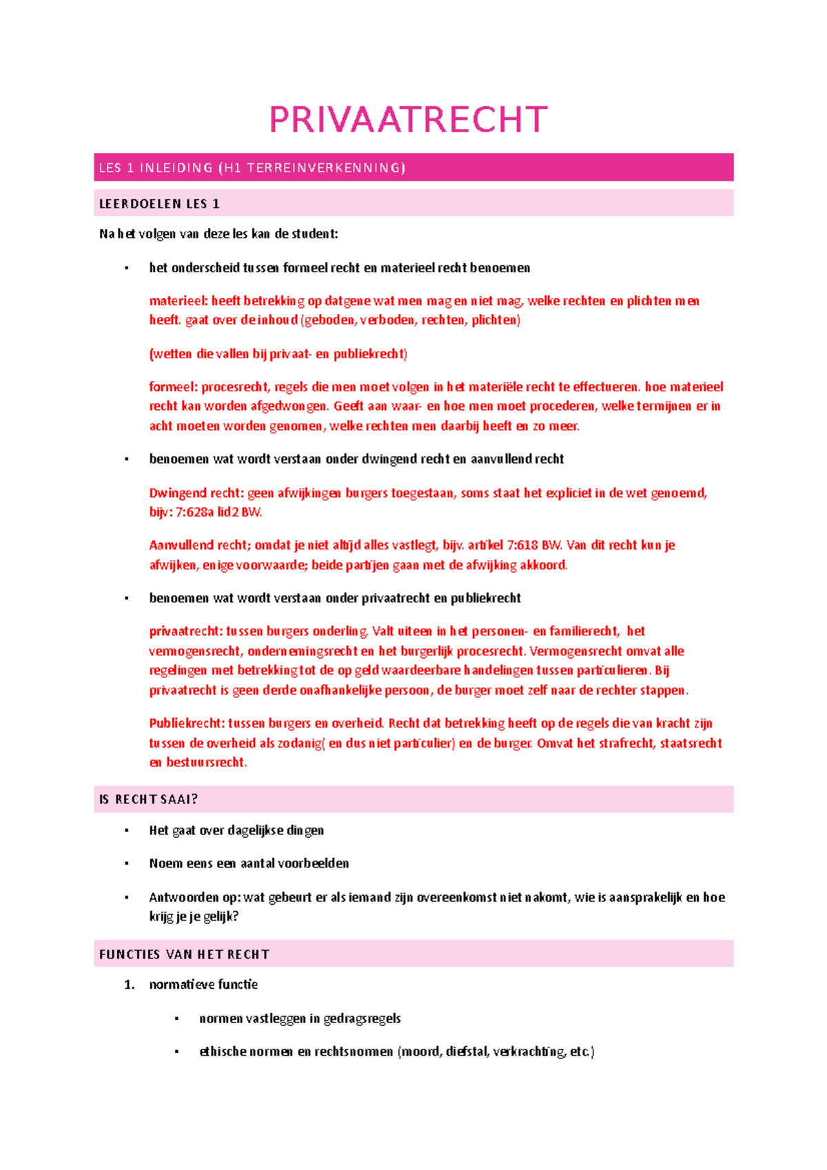 Privaatrecht - PRIVAATRECHT LES 1 INLEIDING (H1 TERREINVERKENNING ...