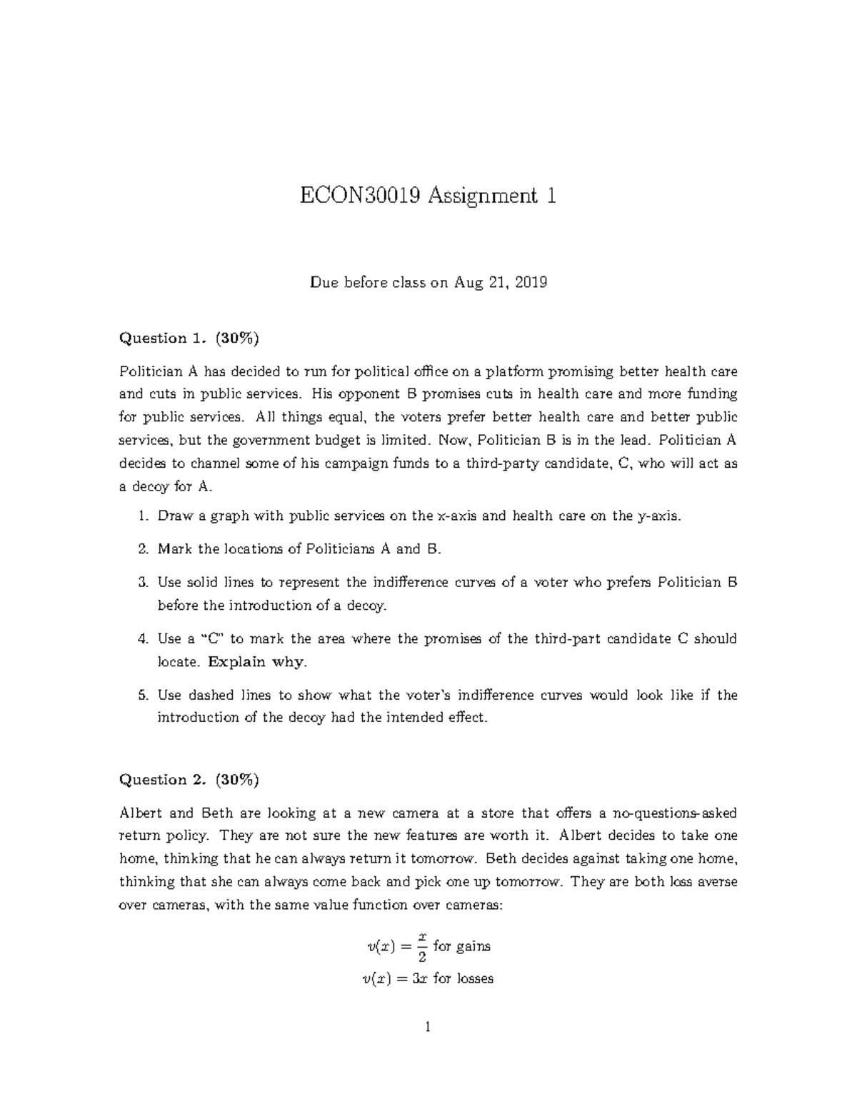 Assignment 1 2019 - ECON30019 Assignment 1 Due before class on Aug 21 ...