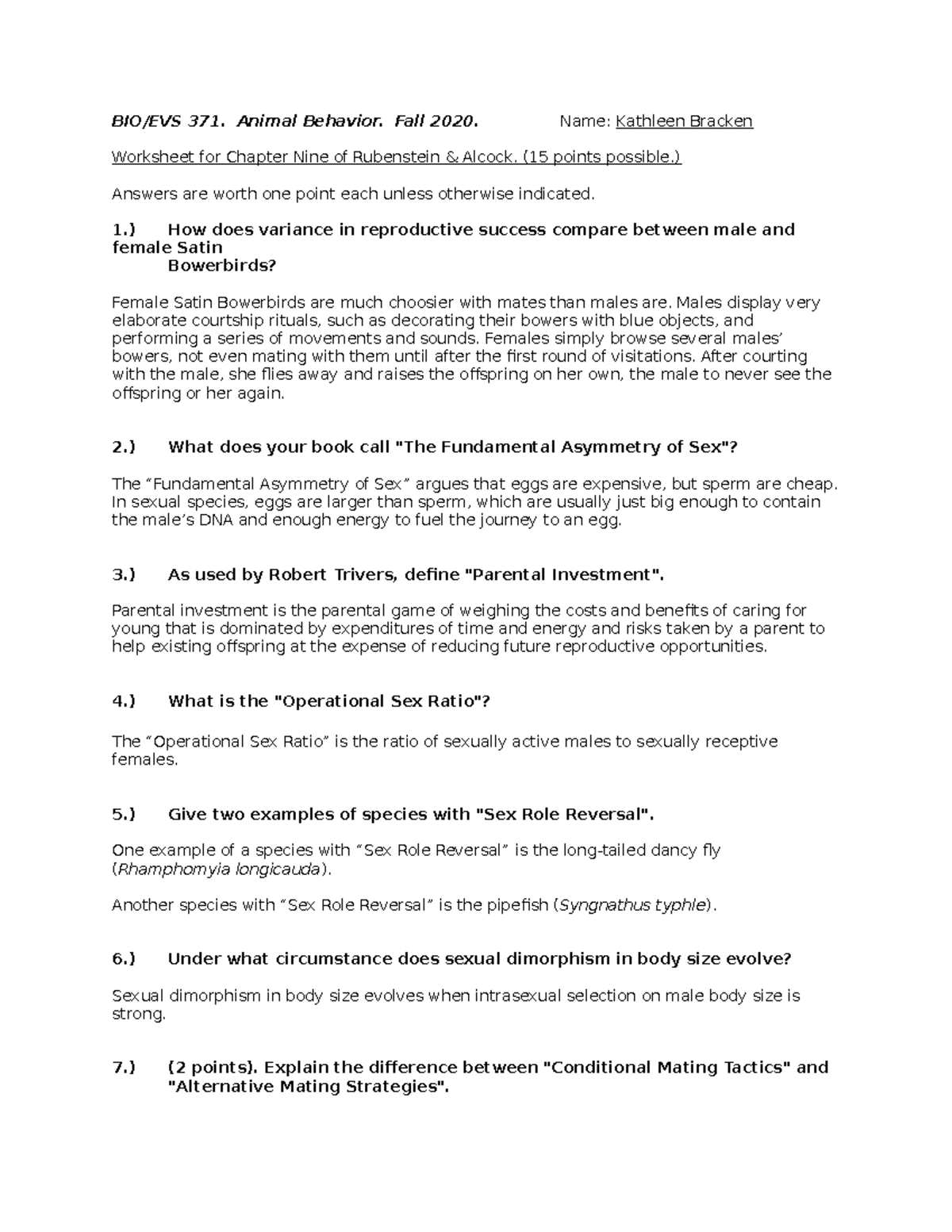 Chapter 9 Worksheet, Rubenstein & Alcock - BIO/EVS 371. Animal Behavior ...