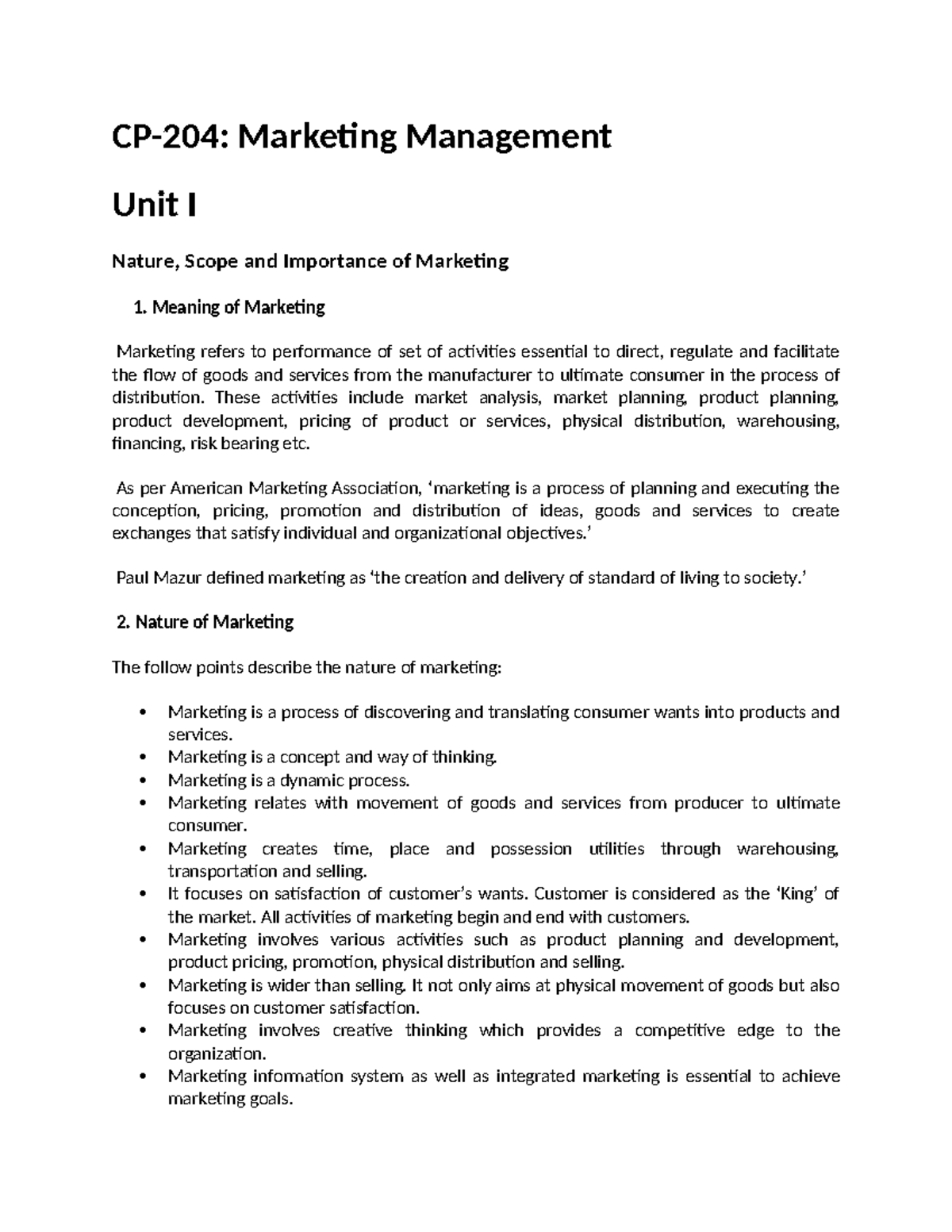 CP-204 Marketing Management Notes - CP-204: Marketing Management Unit I ...