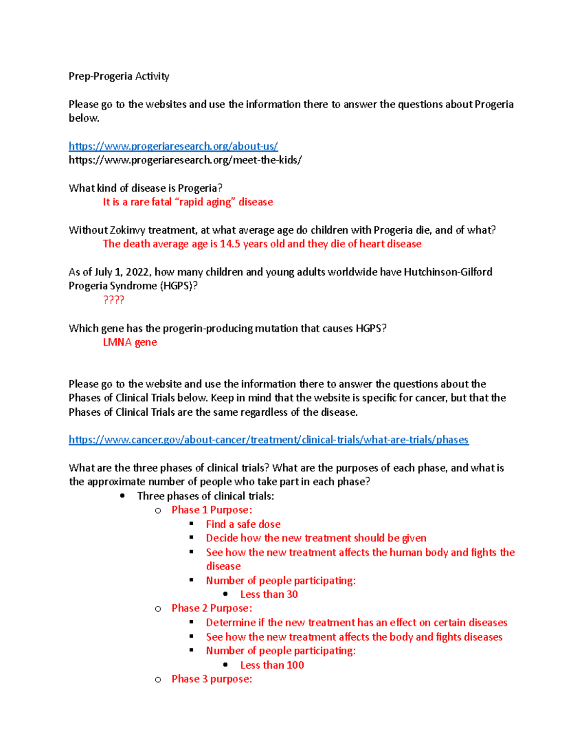 Progeria Prep - Prep for activity - Prep-Progeria Activity Please go to ...