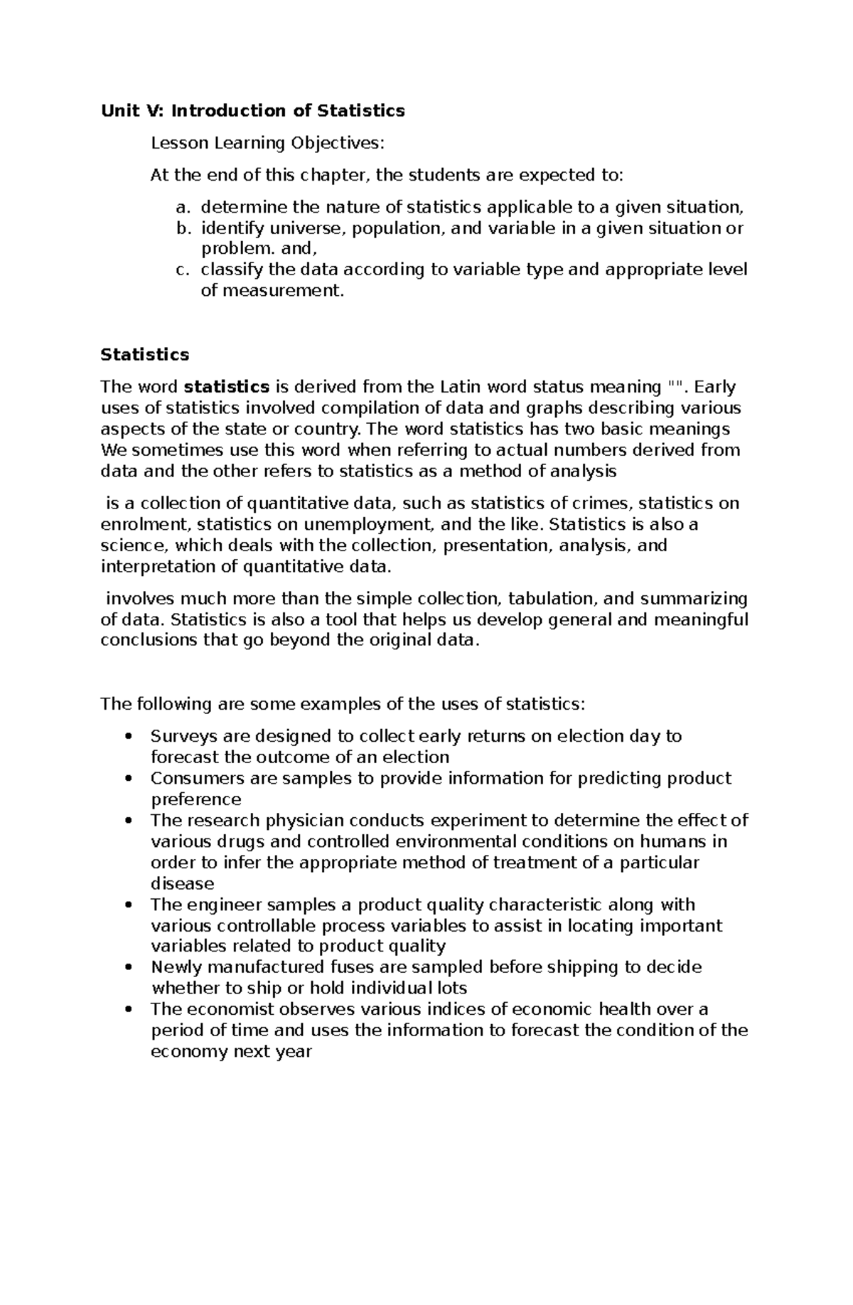 Introduction-of-Statistics - Unit V: Introduction of Statistics Lesson ...