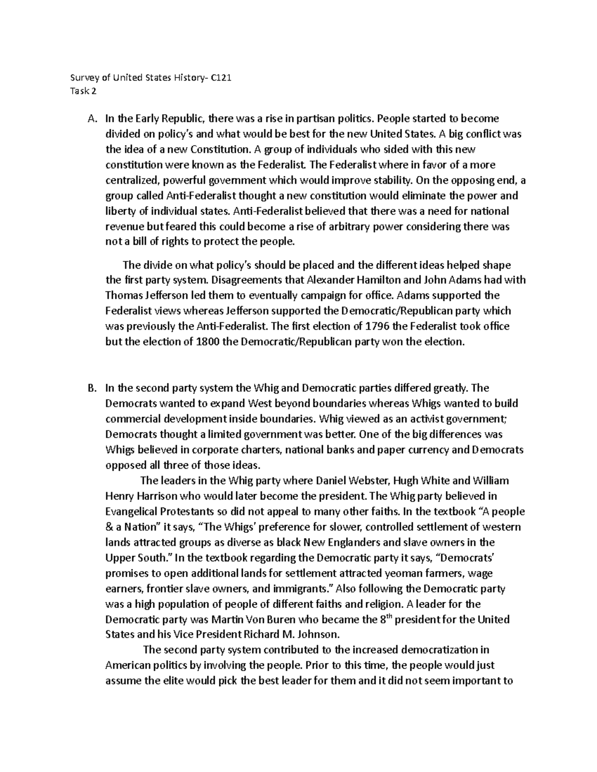 survey of united states history C121 task 2 - Survey of United States ...