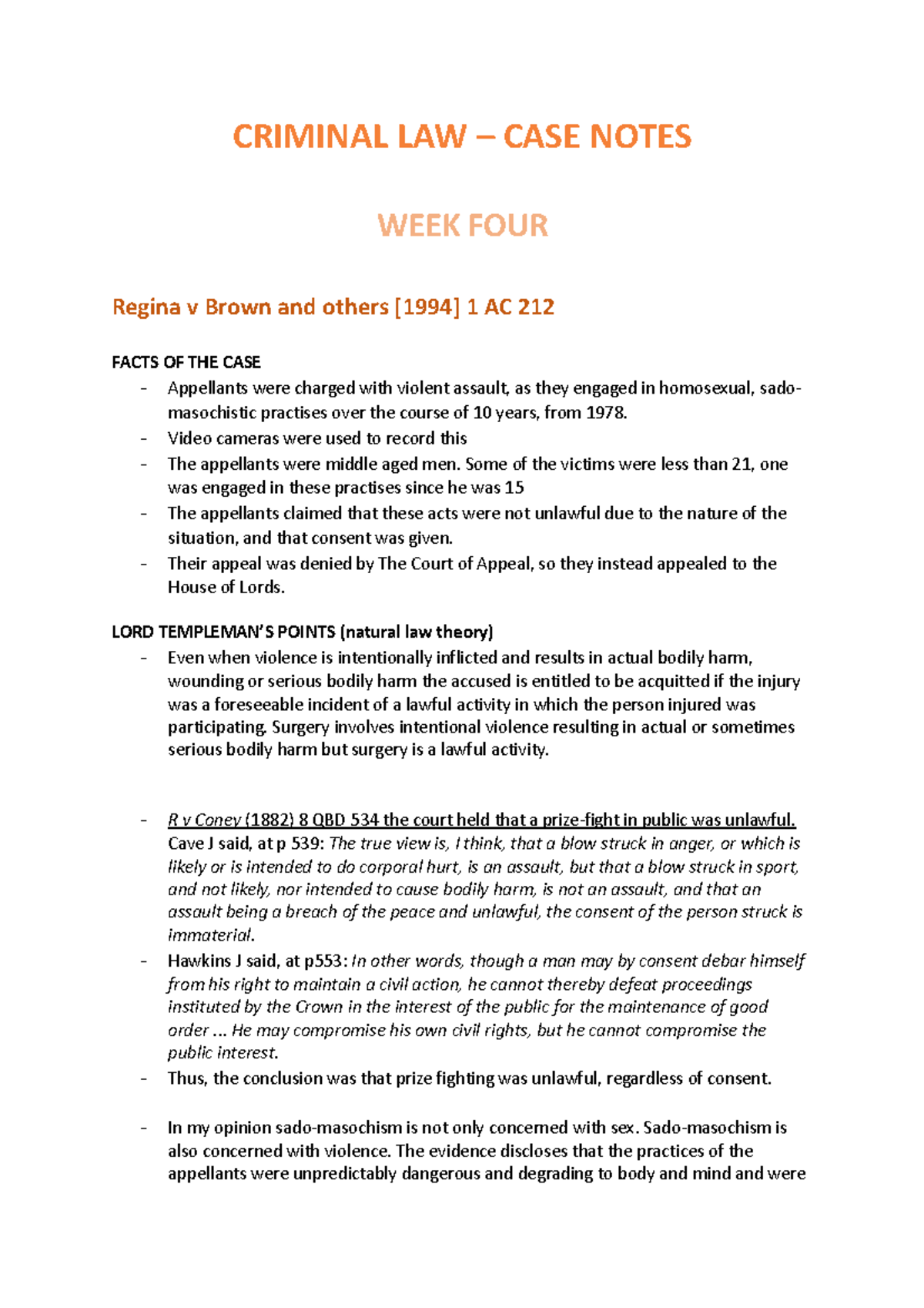 Crim case studies - Criminal Law Case Study - Regina v Brown and others ...