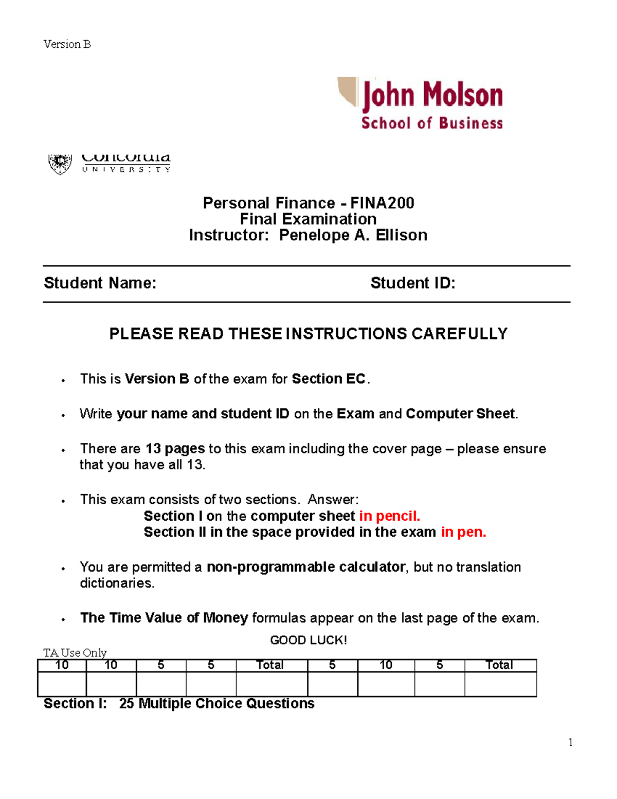 Final Exam Sample 2 - Personal Finance - FINA Final Examination ...