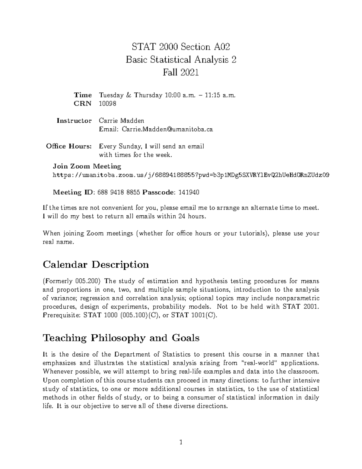 Course Outline A02 Fall2021 - STAT 2000 Section A Basic Statistical ...