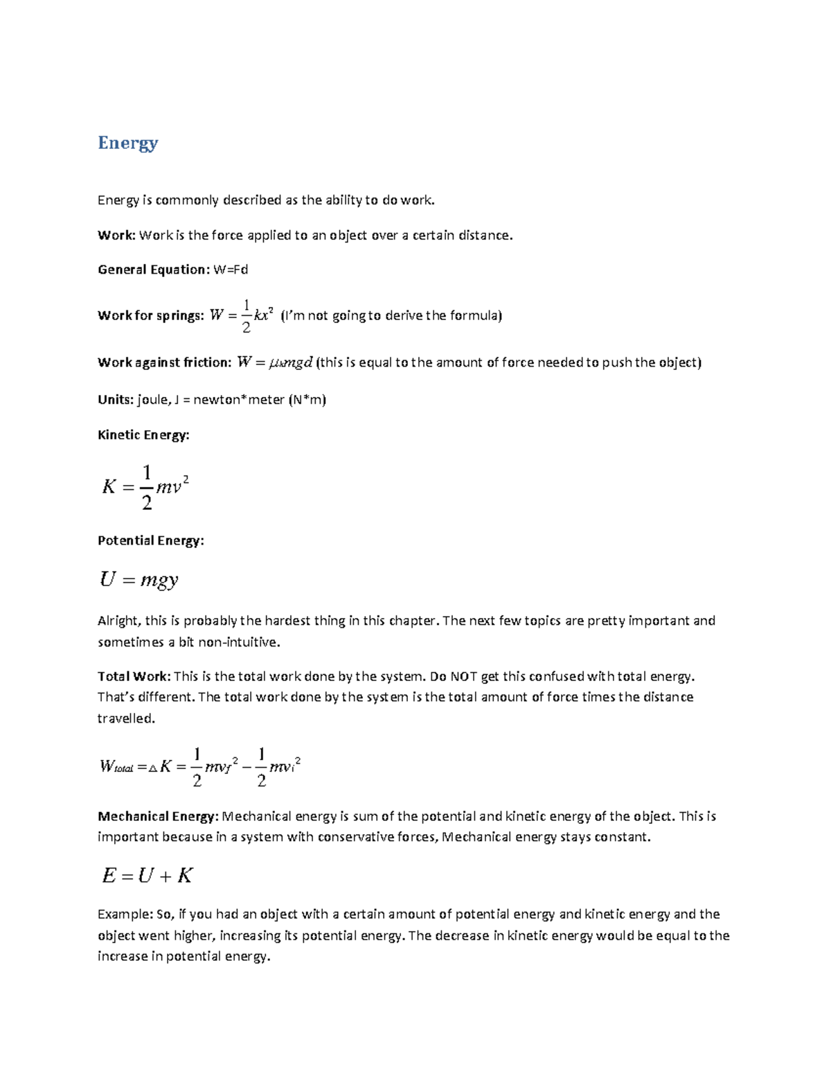 Energy - Summary Gen Physics I Calc Based (Lec) - Energy Energy is ...