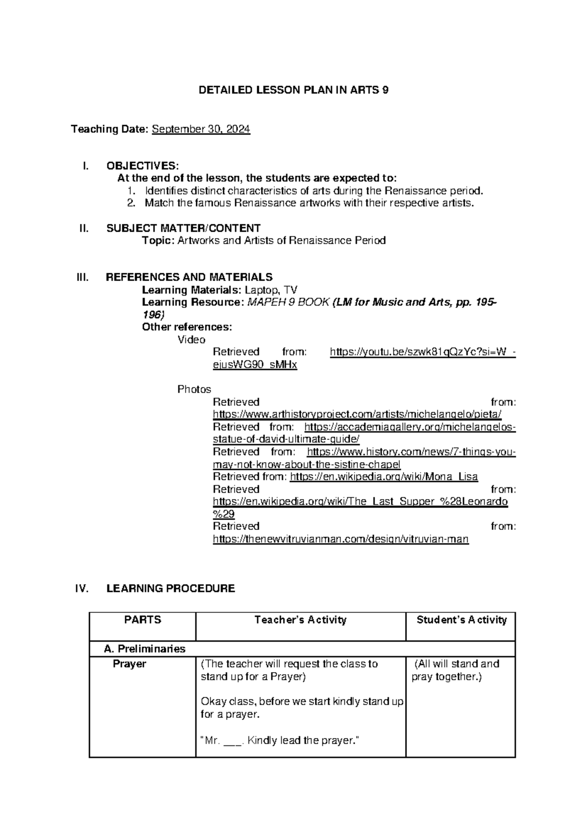 Lesson PLAN Renaissance ART Q2 - DETAILED LESSON PLAN IN ARTS 9 ...