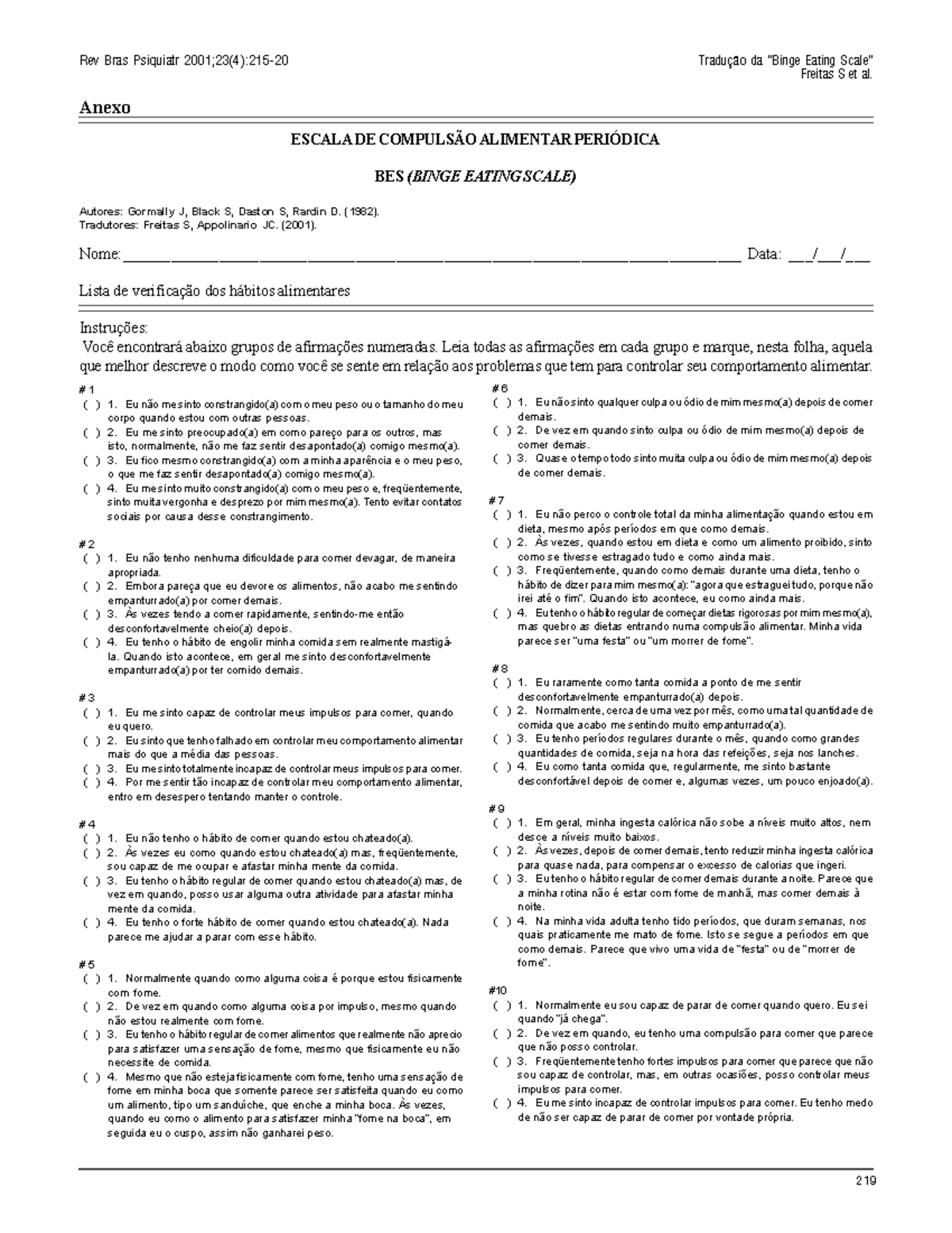 BES escala de compulsão alimentar - 219 Tradução da “Binge Eating Scale ...