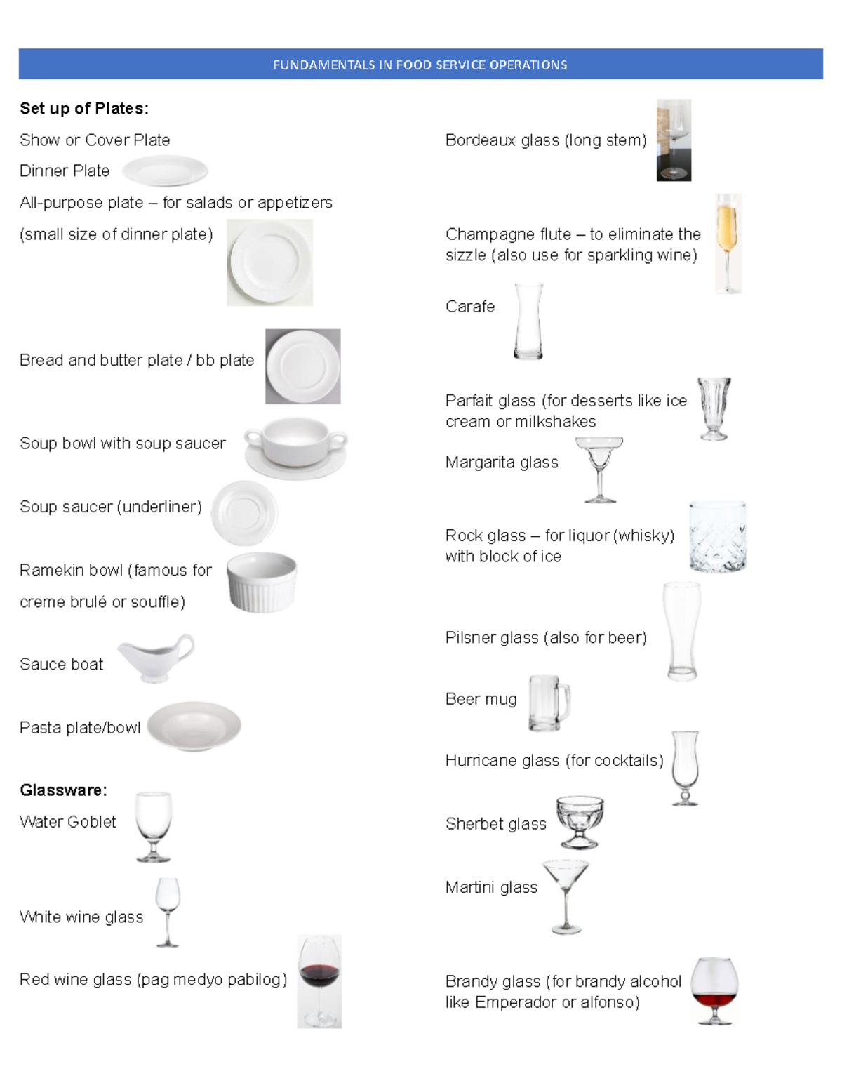 Kitchenwares - FUNDAMENTALS IN FOOD SERVICE OPERATIONS Set up of Plates ...