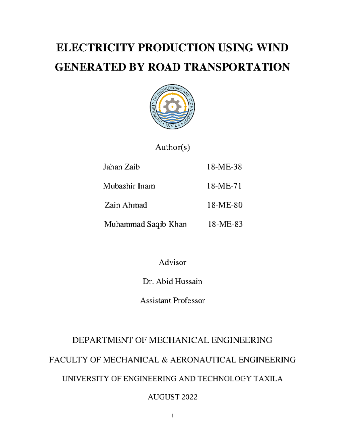 Goup 24 FYP Thesis - Final year report - i ELECTRICITY PRODUCTION USING ...