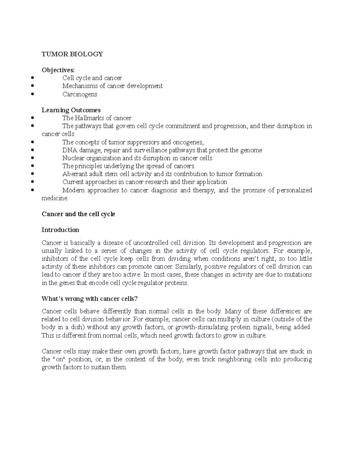 Tumor biology notes - BIOCHEMISTRY - TUMOR BIOLOGY Objectives: Cell ...