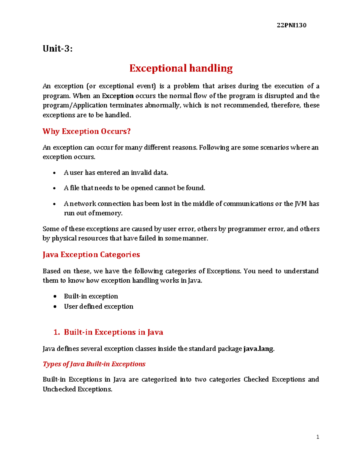 Unit-3 Exceptional handling & IO Streams - Unit-3: Exceptional handling An exception (or ...
