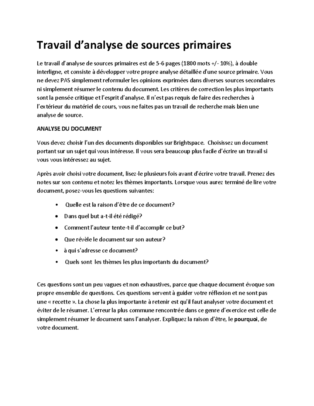 Consignes travail d'analyse - Travail d’analyse de sources primaires Le ...