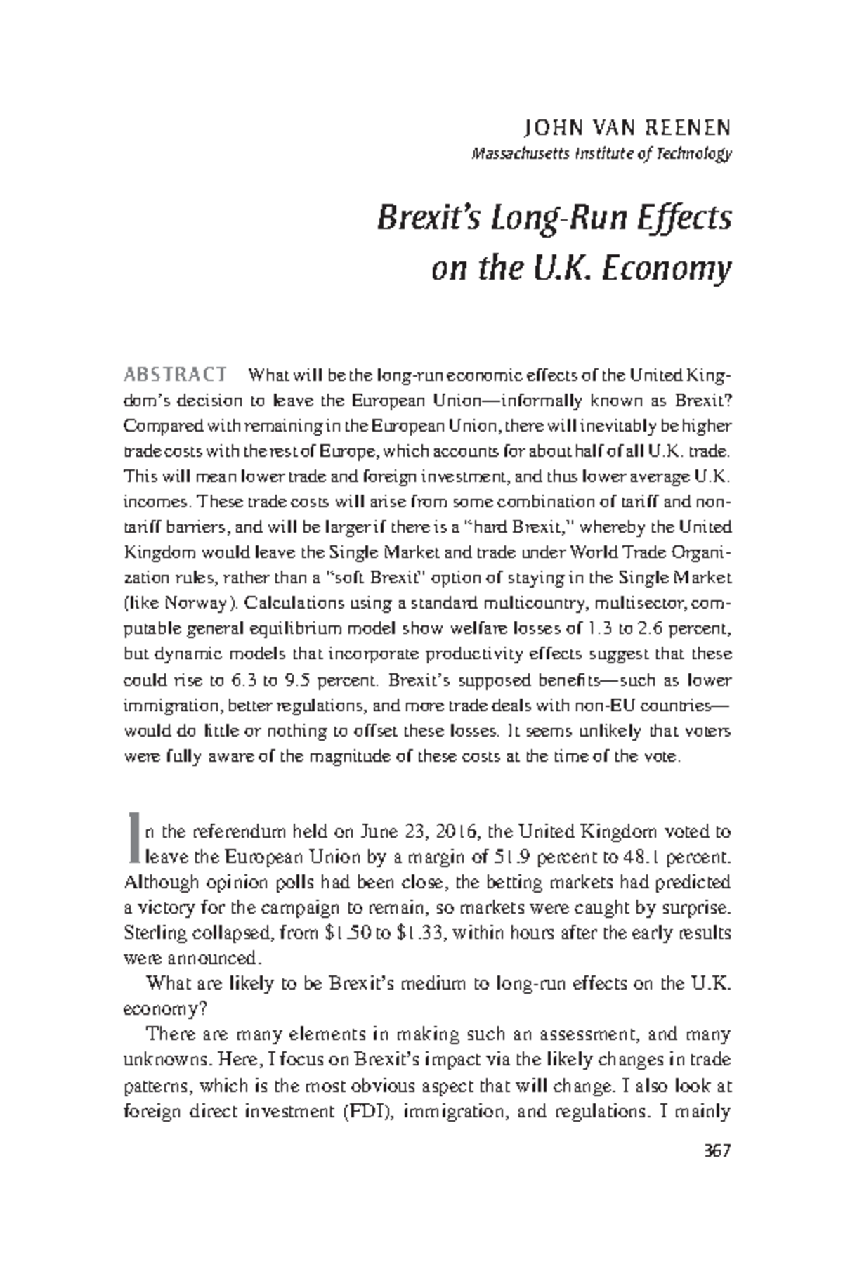 Brexits long run effects john van reenen - 367 JOHN VAN REENEN Massachusetts Institute of ...