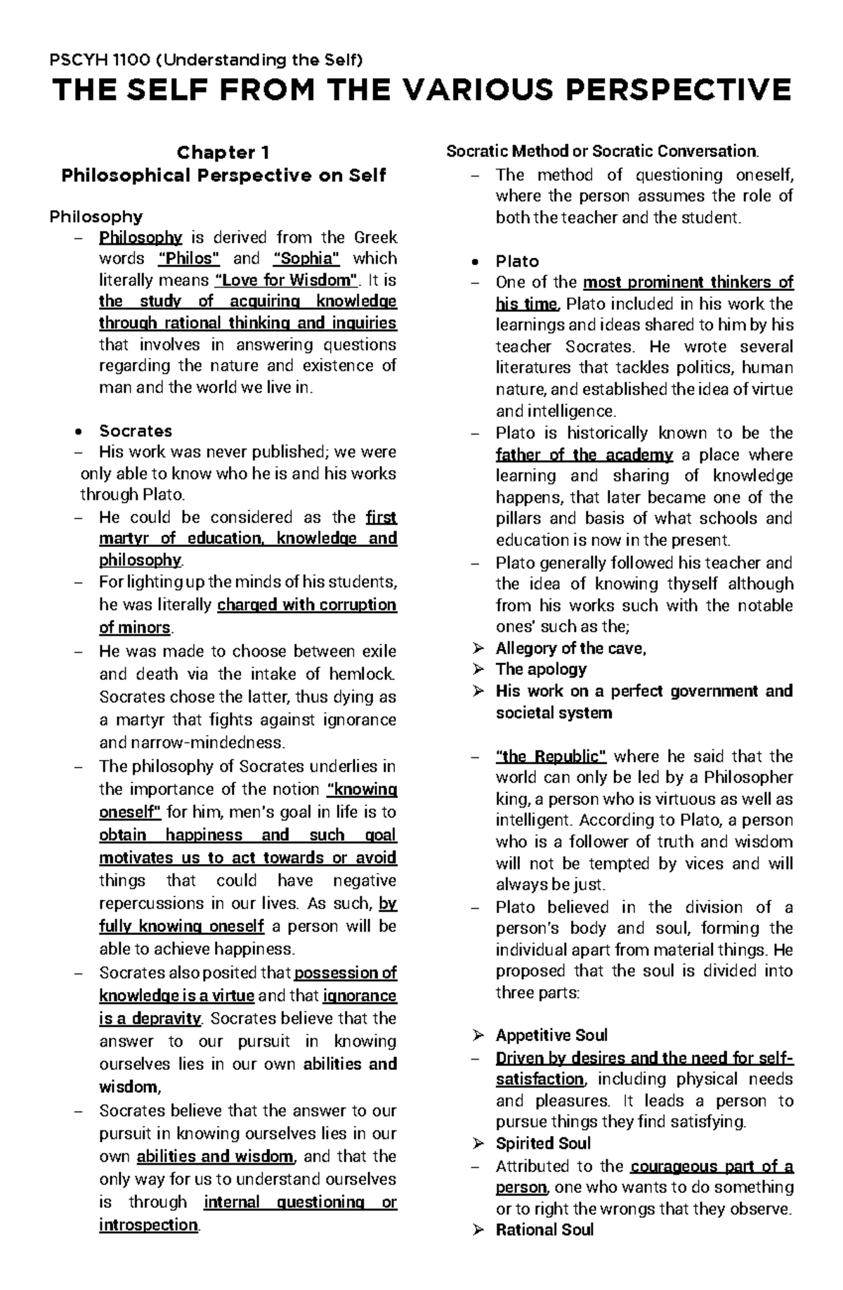 Psych 1100 The Self from the Different Perspectives Reviewer - THE SELF ...