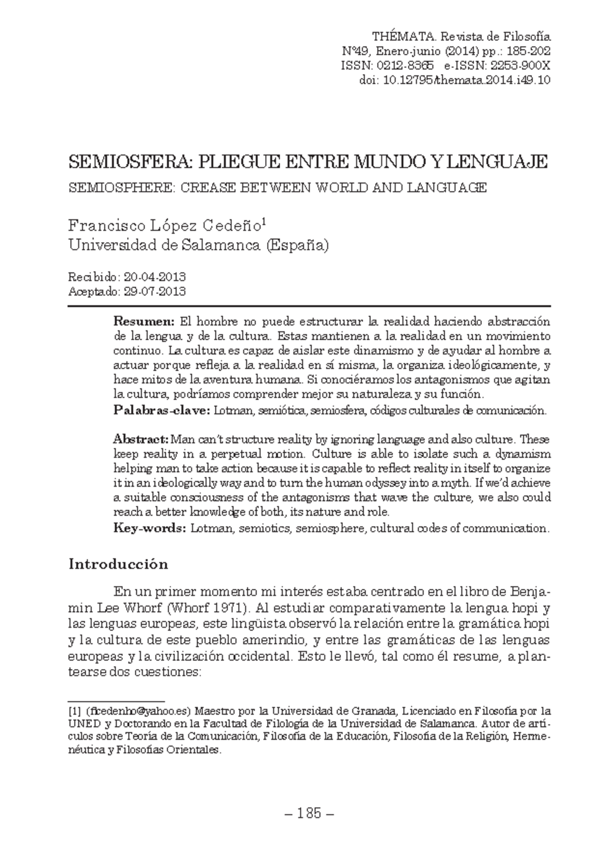Semiosfera pliegue entre mundo y lenguaje - THÉMATA. Revista de ...
