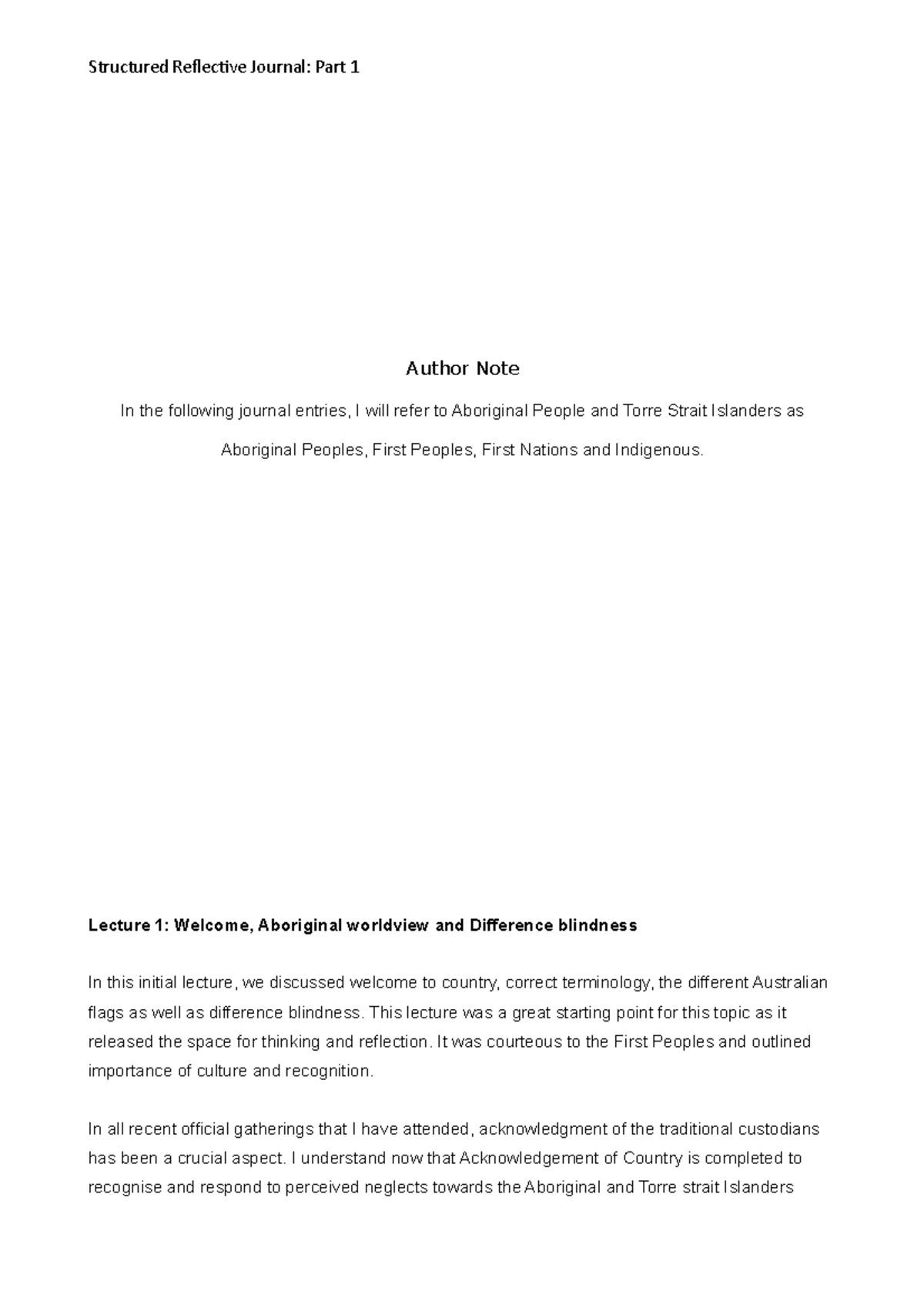 Weeks 1-3 Reflective Journal - Author Note In the following journal ...