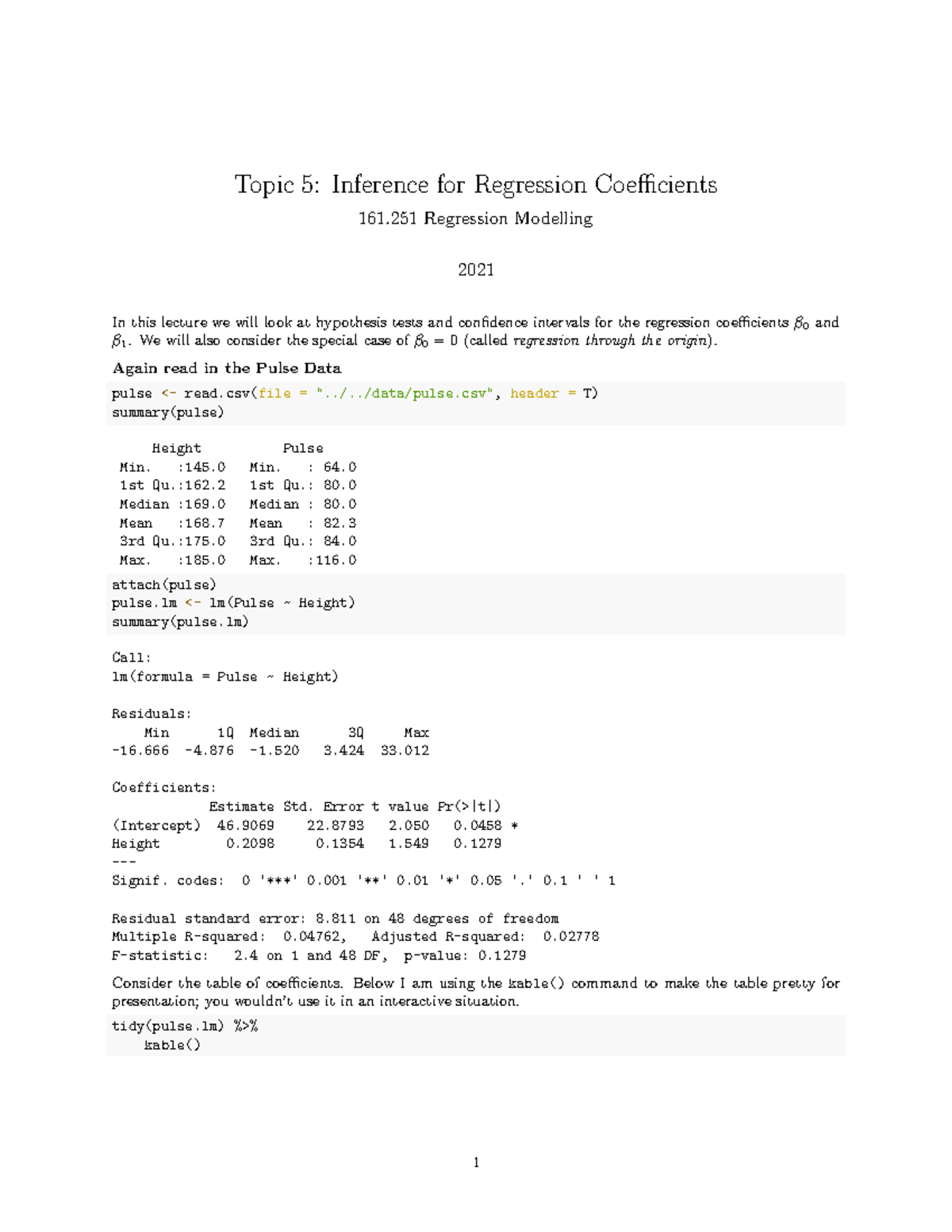Topic 5 Lecture Notes Topic 5 Inference For Regression Coefficients 161 Regression 