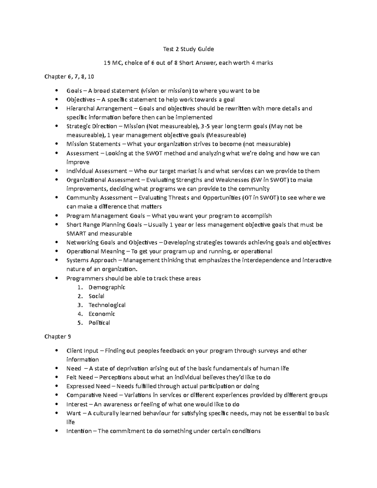Test 2 Study Guide - Test 2 Study Guide 19 MC, choice of 6 out of 8 ...