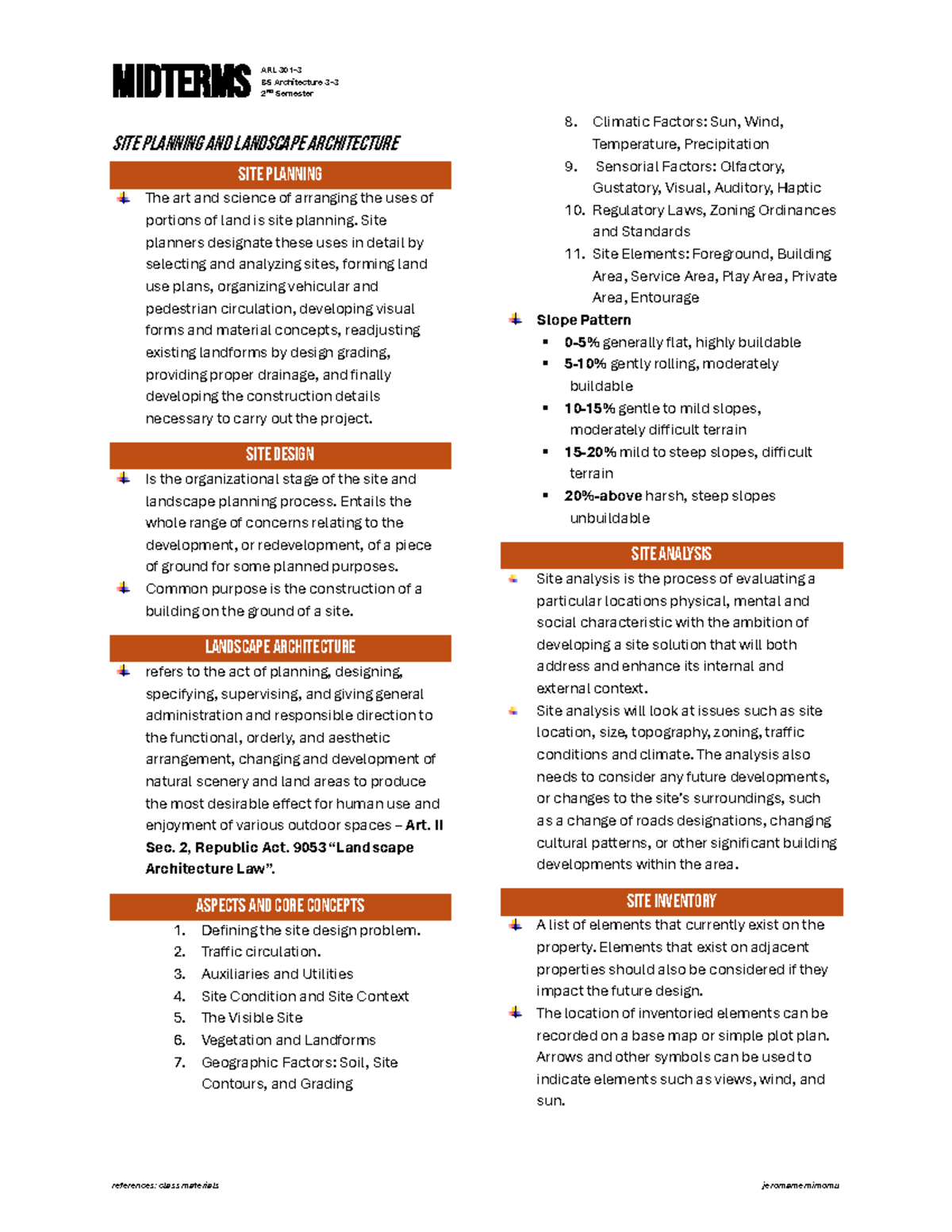ARL- Midterm- Reviewer - ARL 301- 3 BS Architecture 3- 3 MIDTERMS 2 ND Semester Site planning ...
