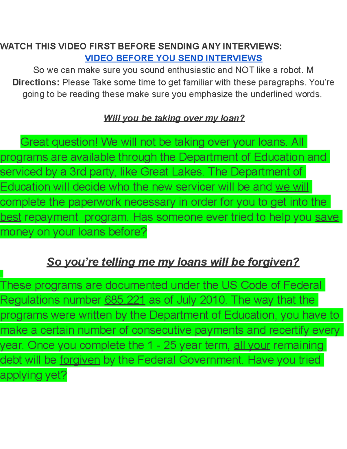 Interview Script to have for Agent ready to read - WATCH THIS VIDEO ...