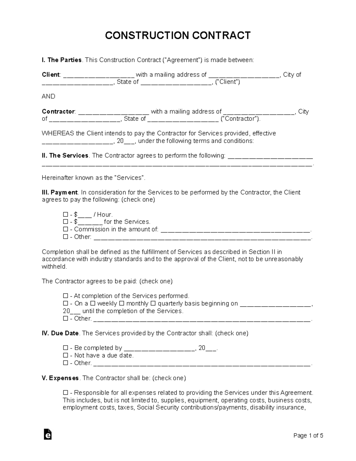 Construction-Contract-Template - CONSTRUCTION CONTRACT I. The Parties ...