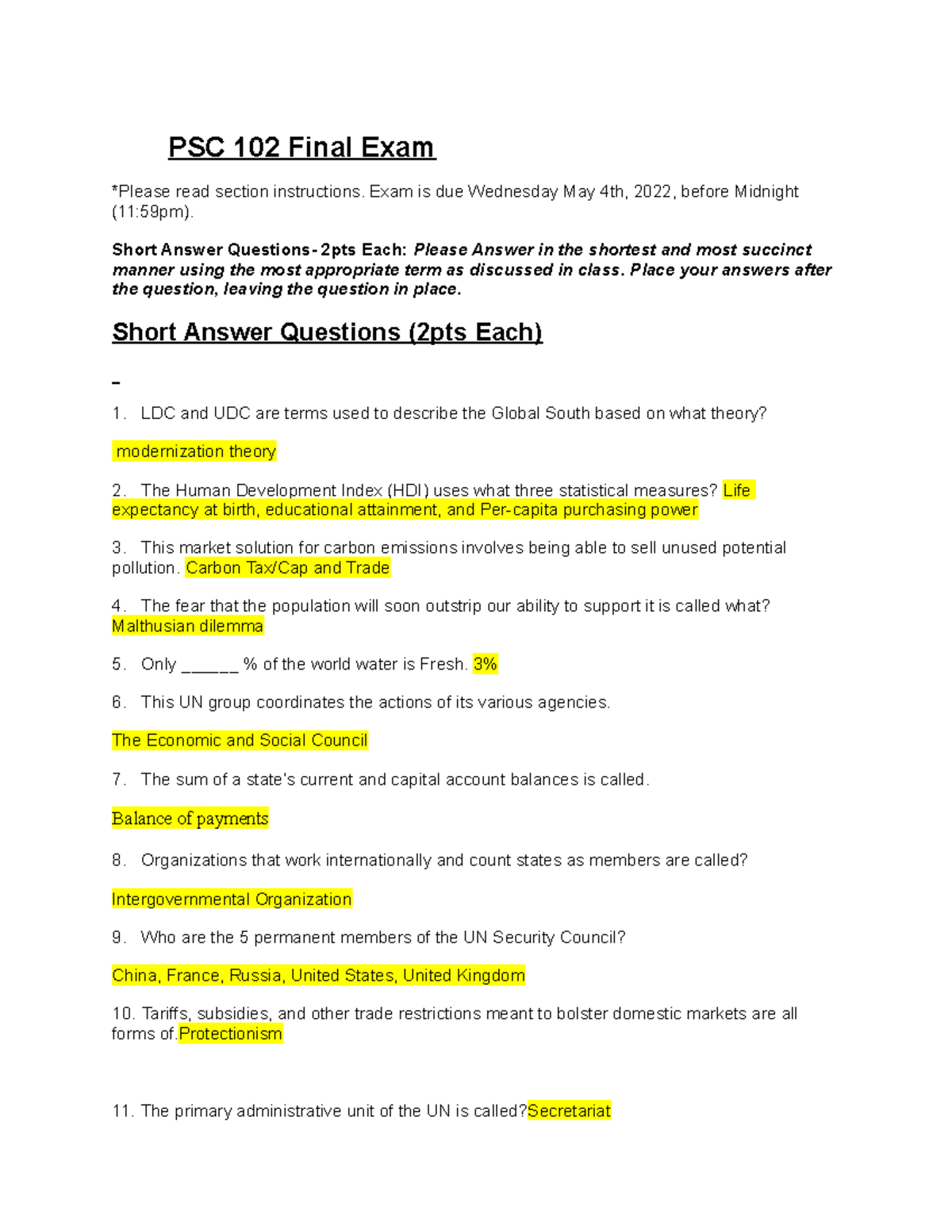 PSC Final - PSC 102 Final Exam *Please read section instructions. Exam ...