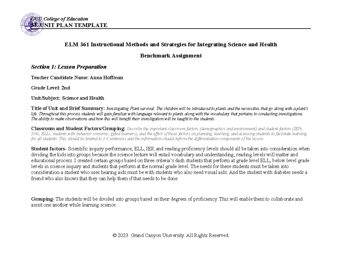ELM 361 Benchmark Unit Plan Template - GCU College of Education 5E UNIT PLAN TEMPLATE ELM 361 ...
