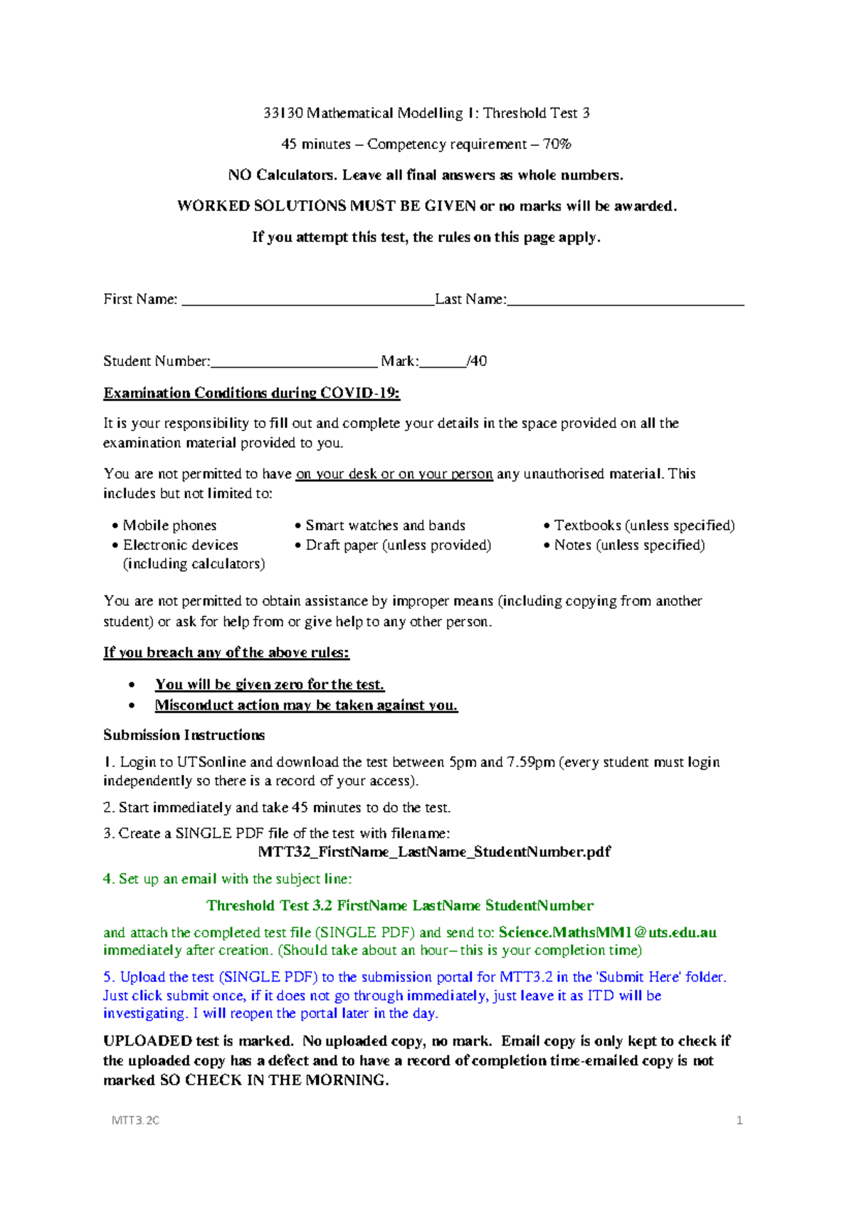 Threshold test 3 - 33130 Mathematical Modelling 1: Threshold Test 3 45 ...