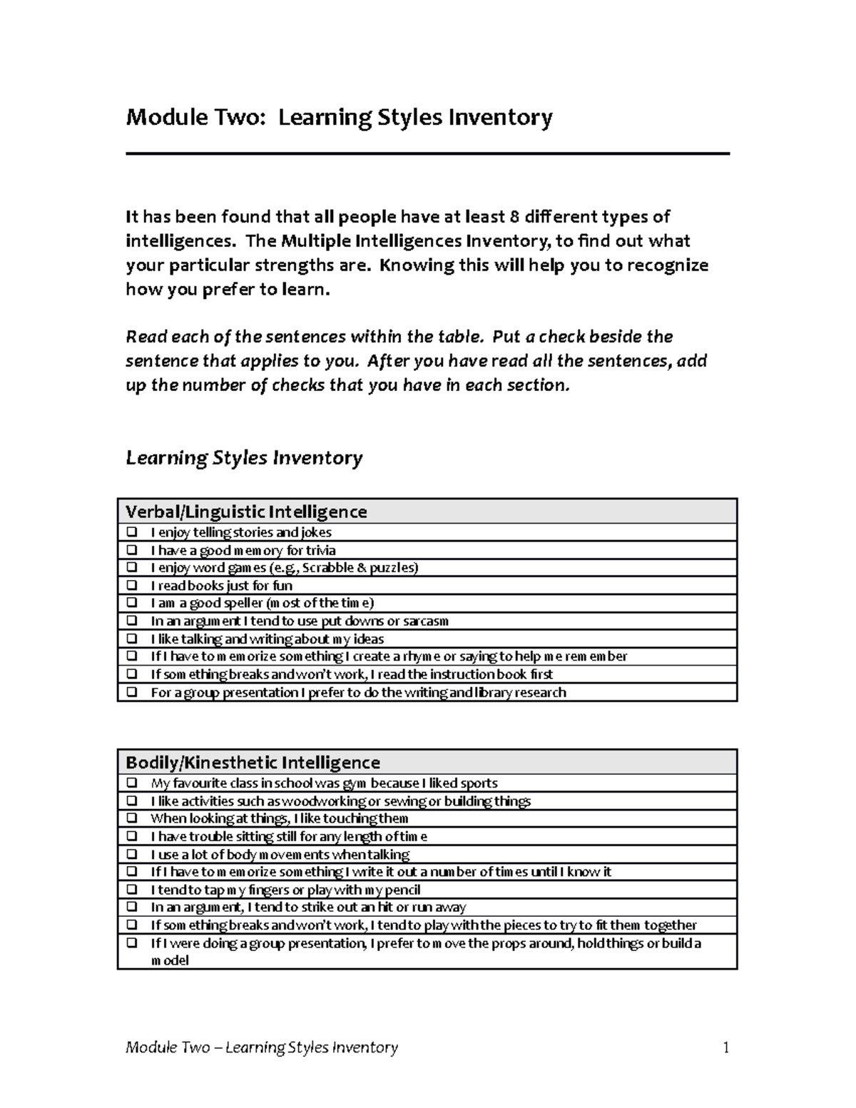Chapter 2 - Learning Styles Inventory - Module Two: Learning Styles ...