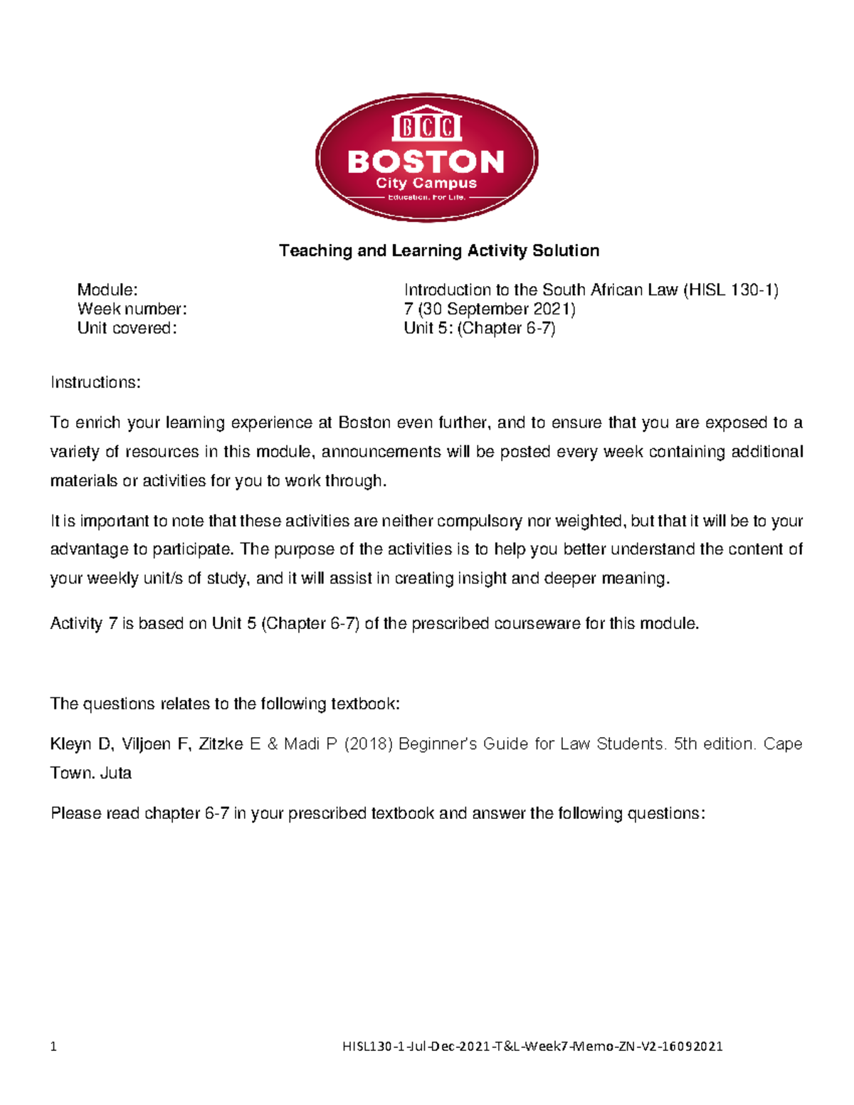 Introduction to South African Law HISL130-1-Jul-Dec-2021-T&L-Week7-Memo ...