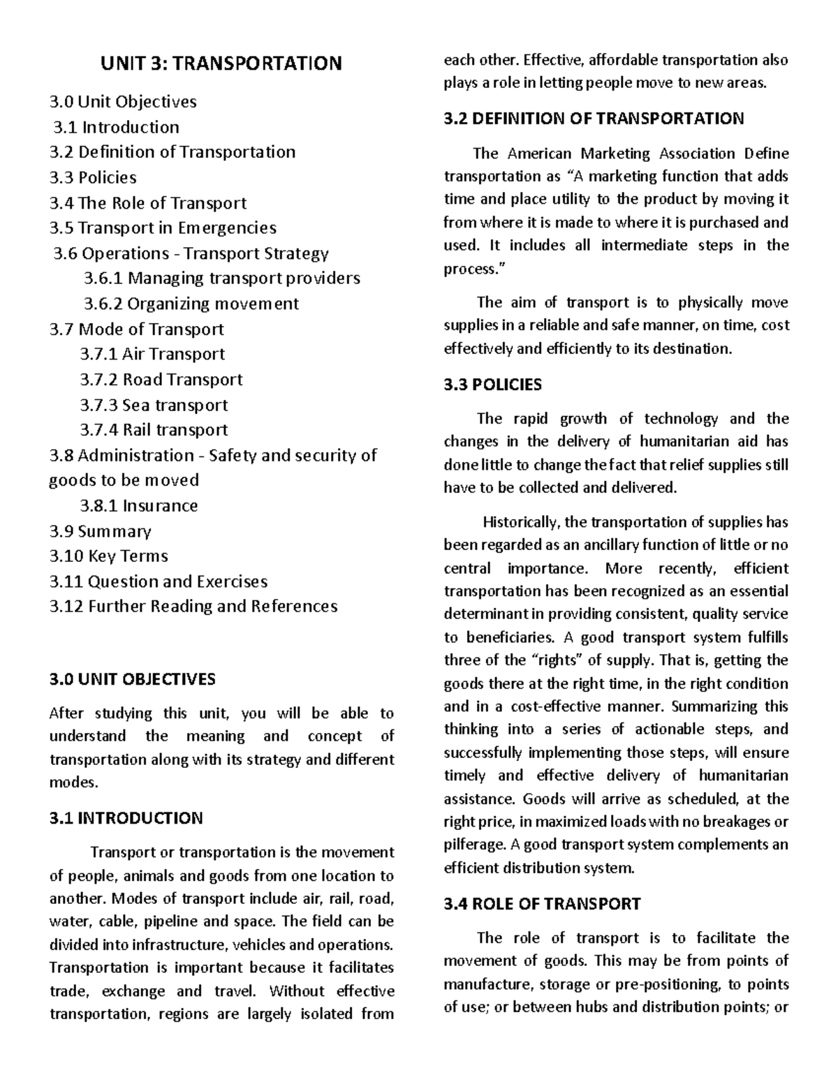 UNIT 3 Distri - summary - UNIT 3: TRANSPORTATION 3 Unit Objectives 3 ...