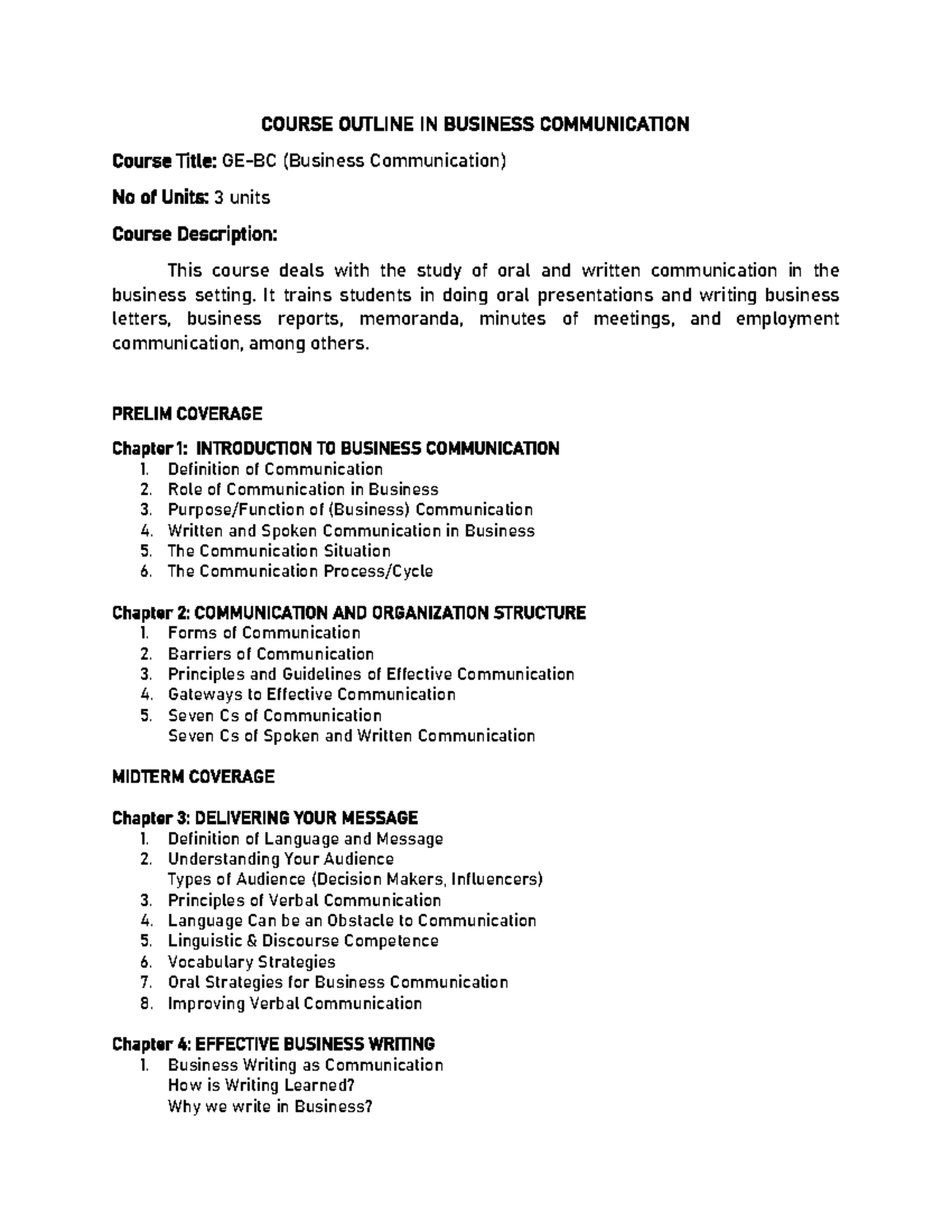 Course Outline IN Business Communication COURSE OUTLINE IN BUSINESS