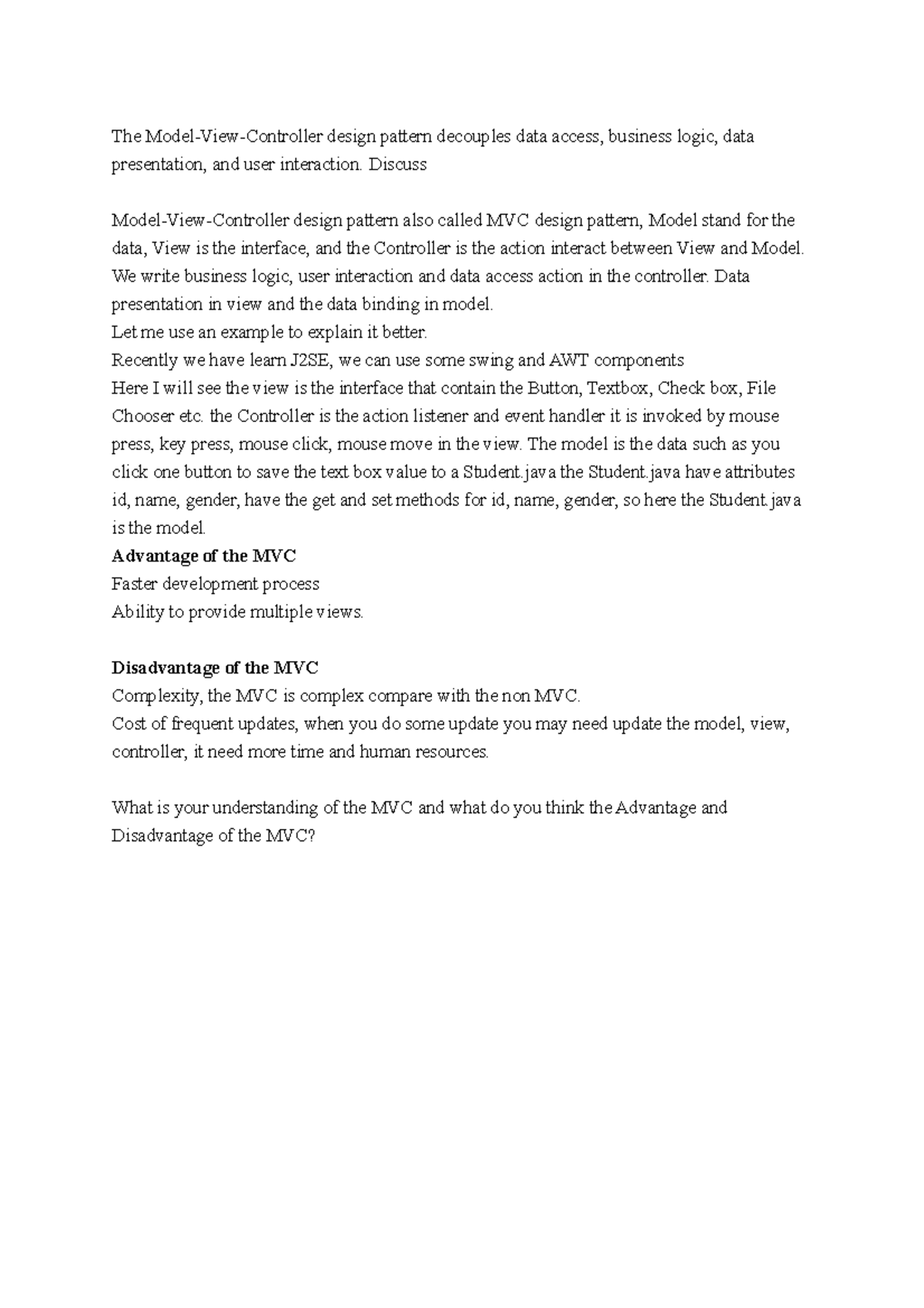 CS1103 Discussion Forum U7 - The Model-View-Controller design pattern ...