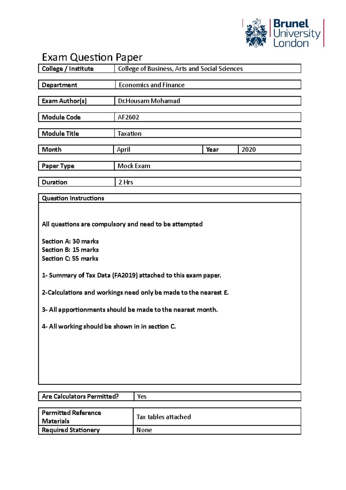 Sample/practice exam - Exam Question Paper College / Institute College ...