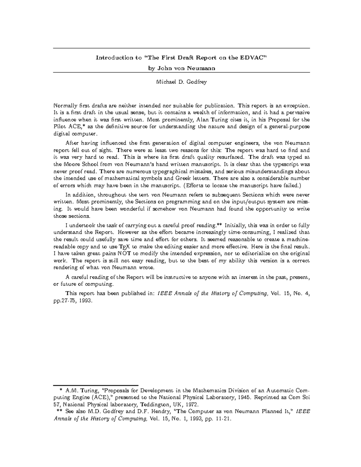 Von Neumann First Draft Edvac - Introduction to “The First Draft Report ...