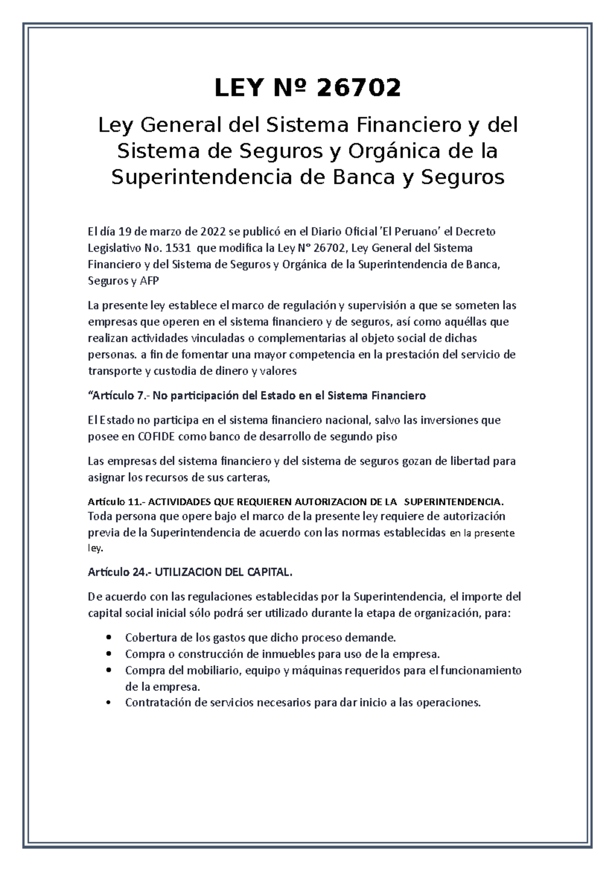 LEY Nº 26702 - sbs - LEY Nº 26702 Ley General del Sistema Financiero y del Sistema de Seguros y ...