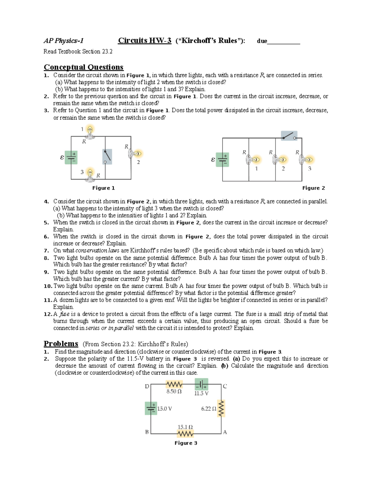 AP Circuits HW-3 2015 - AP Physics-1 Circuits HW-3 (“Kirchoff’s Rules ...