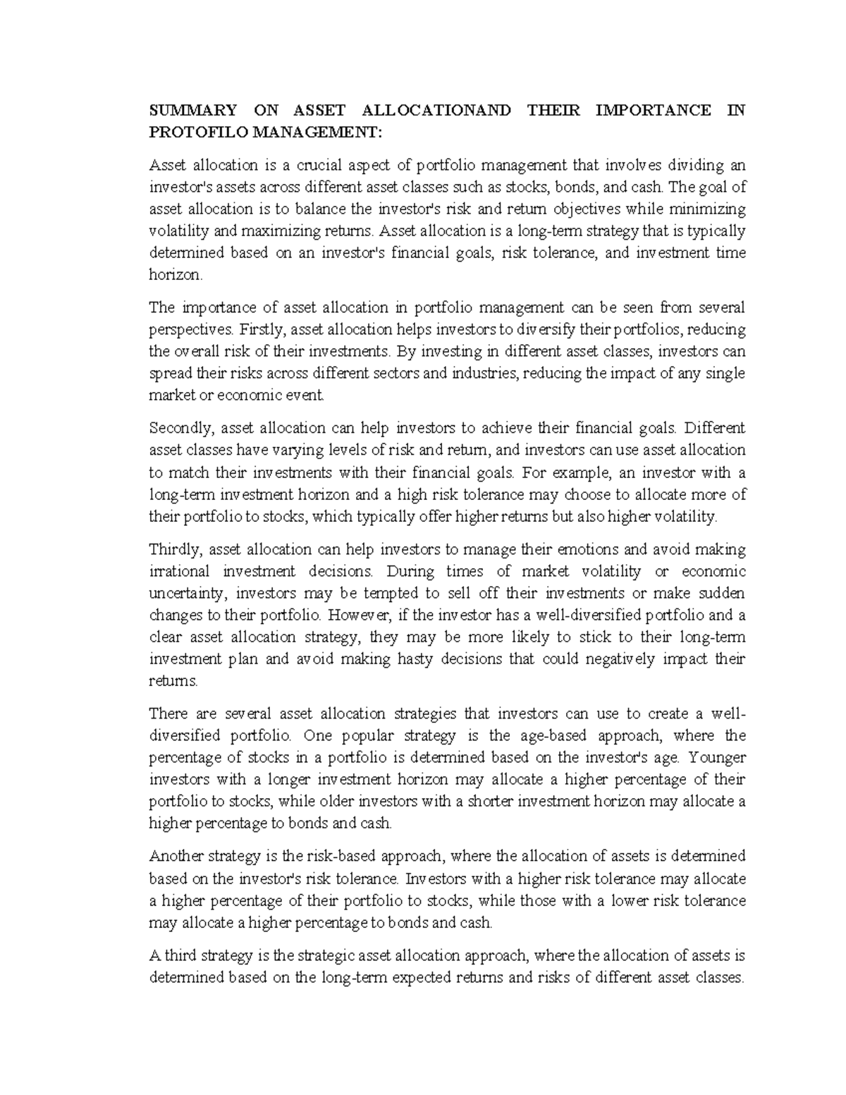 Summary ON Asset Allocationand Their Importance IN Portofilo Management ...