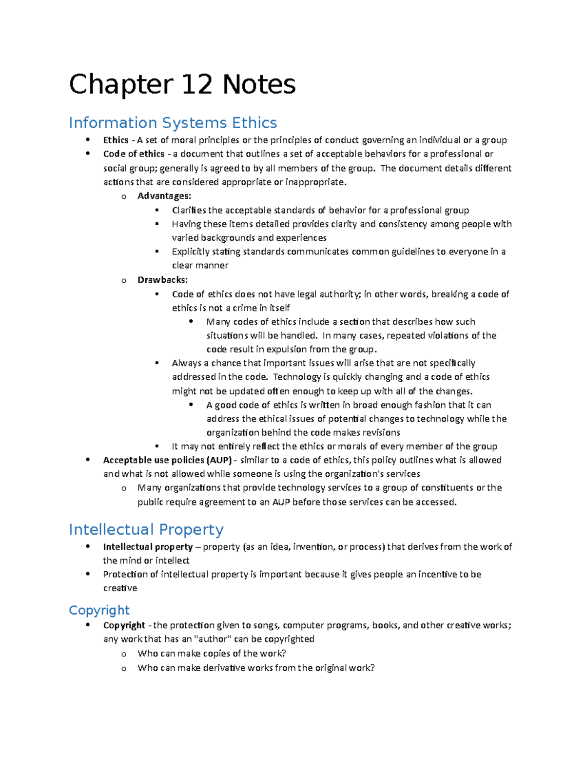 Chapter 12 Notes CIS 310 - Chapter 12 Notes Information Systems Ethics ...