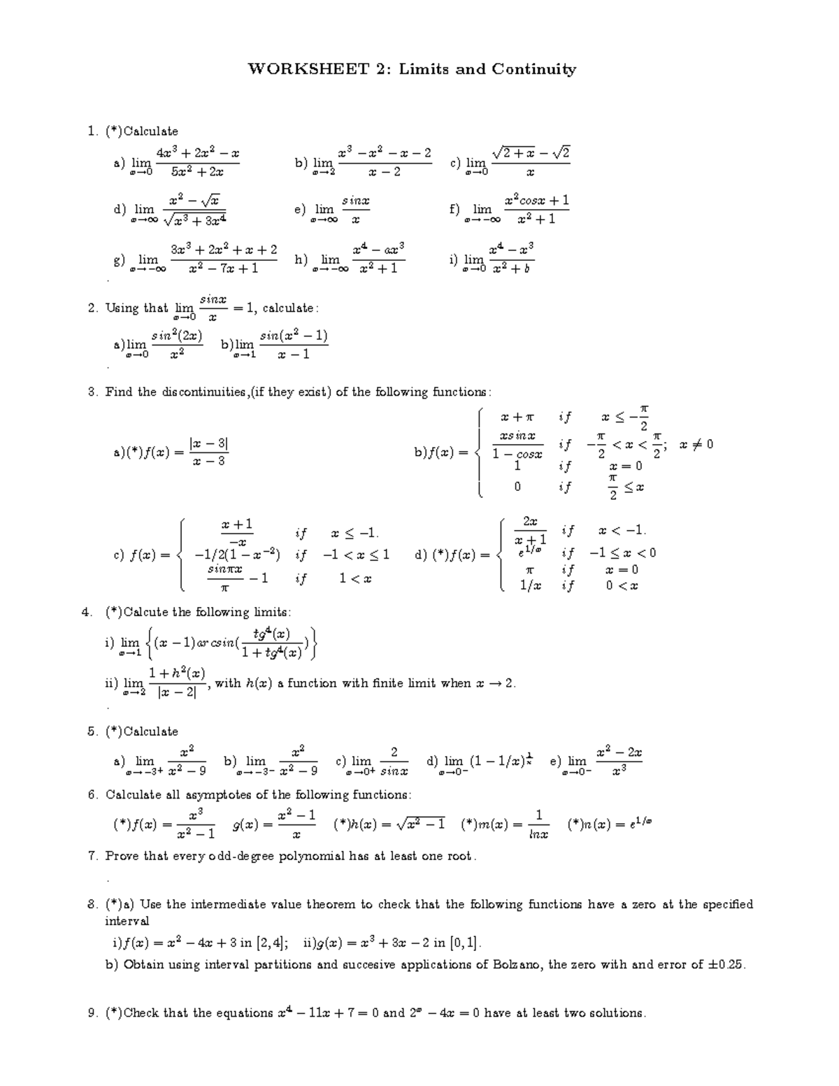 Worksheet 2 Limits and Continuity - WORKSHEET 2: Limits and Continuity ...