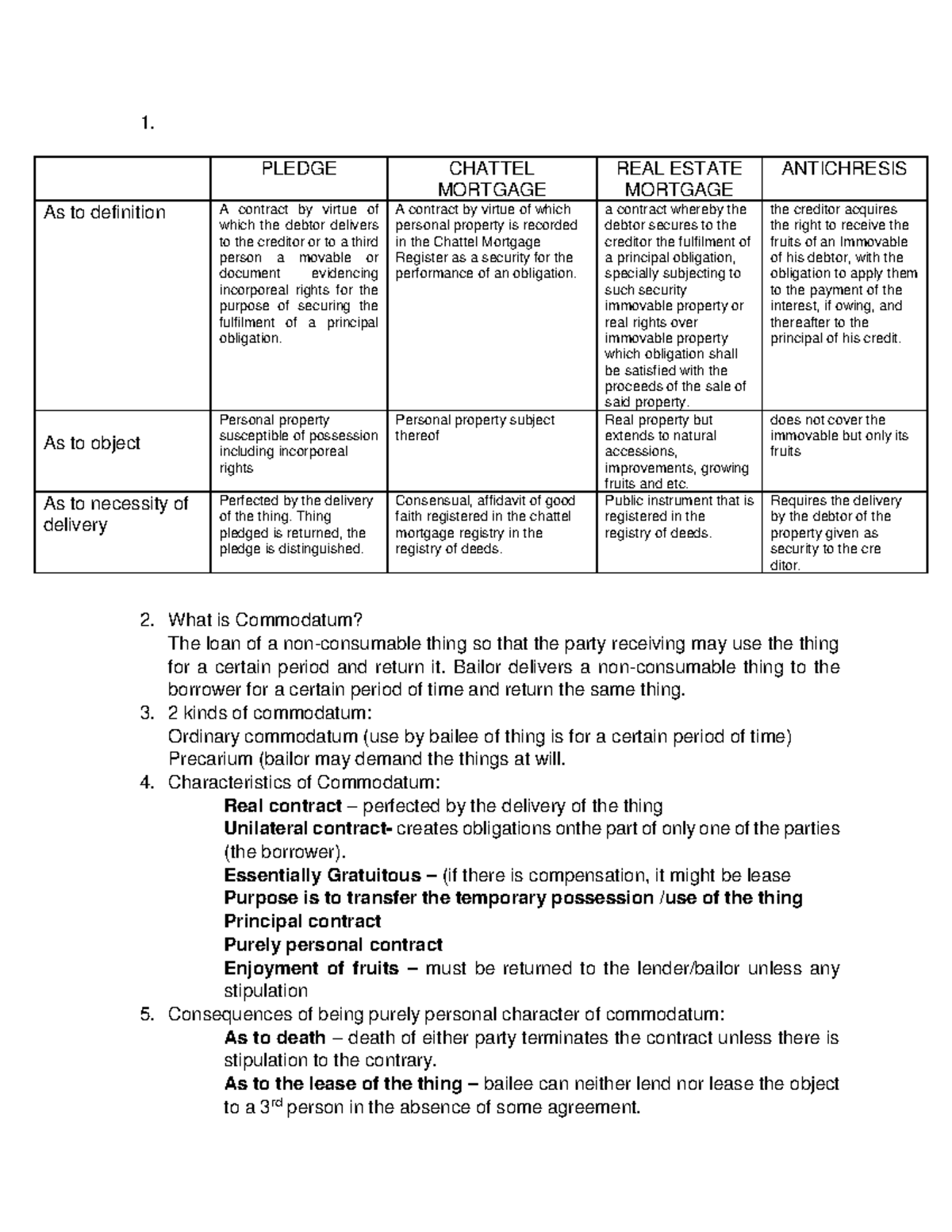 RFBT-EXAM- Recitation - 1. 2. What is Commodatum? The loan of a non ...