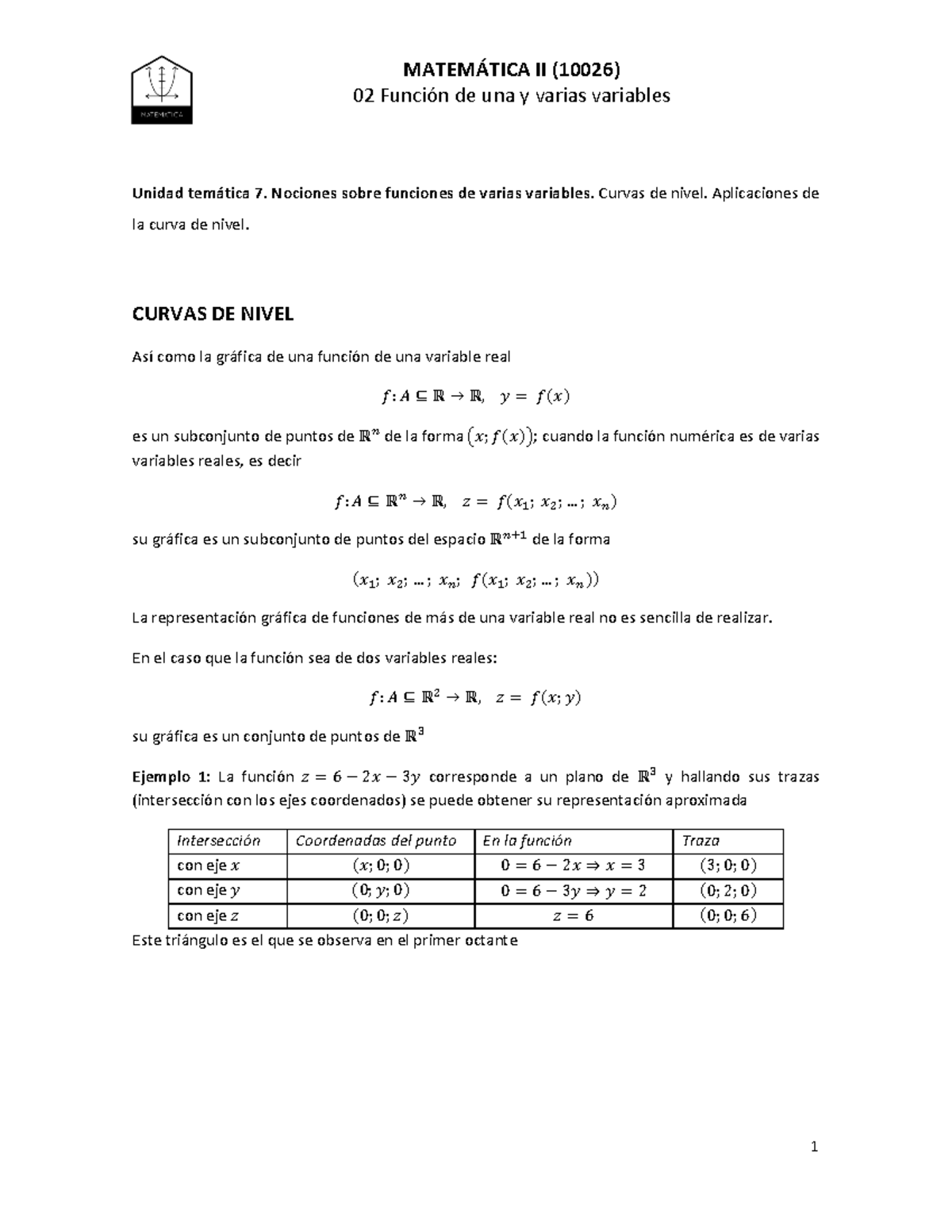02 02 Funcion de una y varias variables Curvas DE Nivel - MATEMÁTICA II (10026) 02 Función de ...